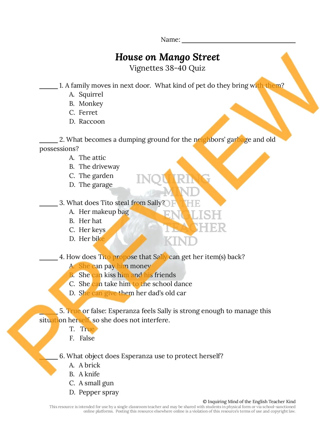 The House on Mango Street by Sandra Cisneros Quiz and Answer Key Bundle ...