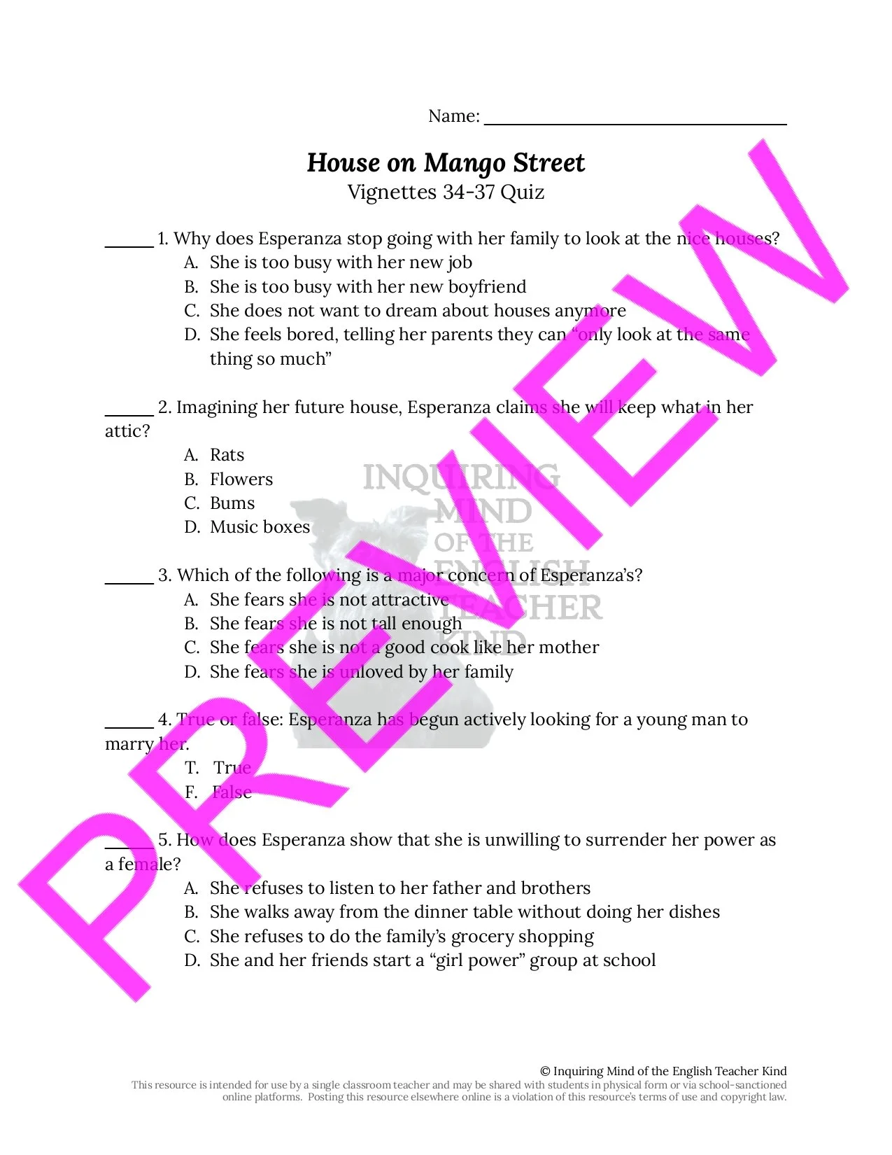 The House on Mango Street by Sandra Cisneros Quiz and Answer Key Bundle ...