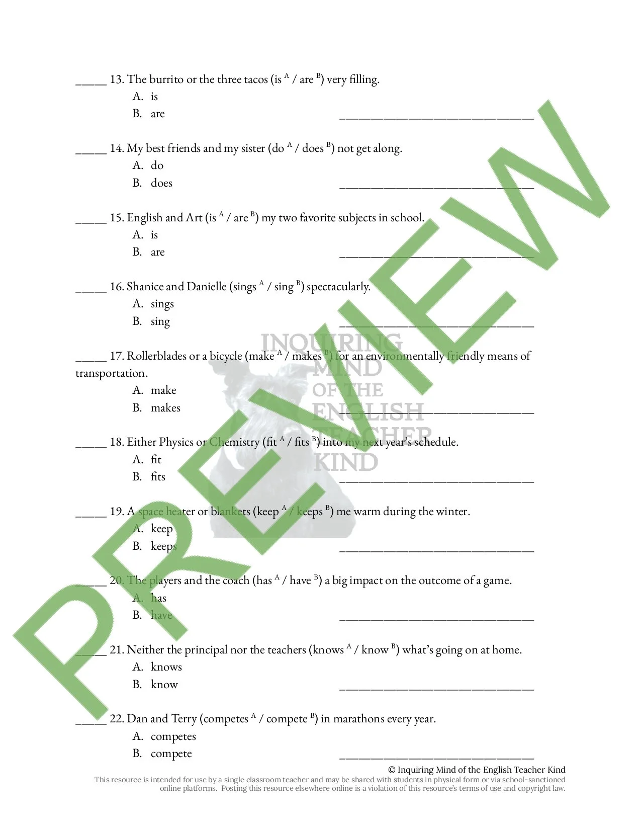 Grammar Worksheet on Compound Subjects and Verbs with Answer Key ...