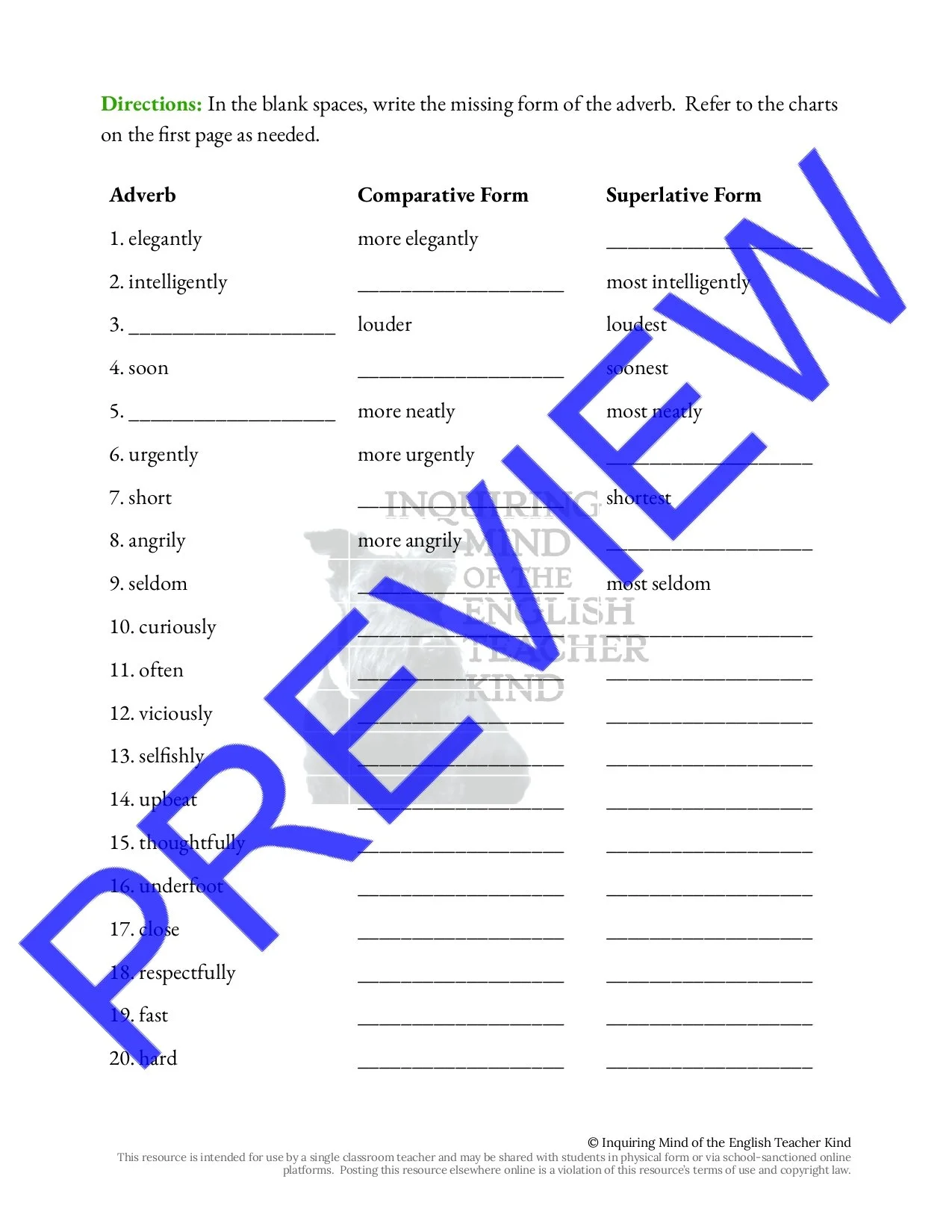 Grammar Worksheet on Comparative and Superlative Adverbs with Answer ...