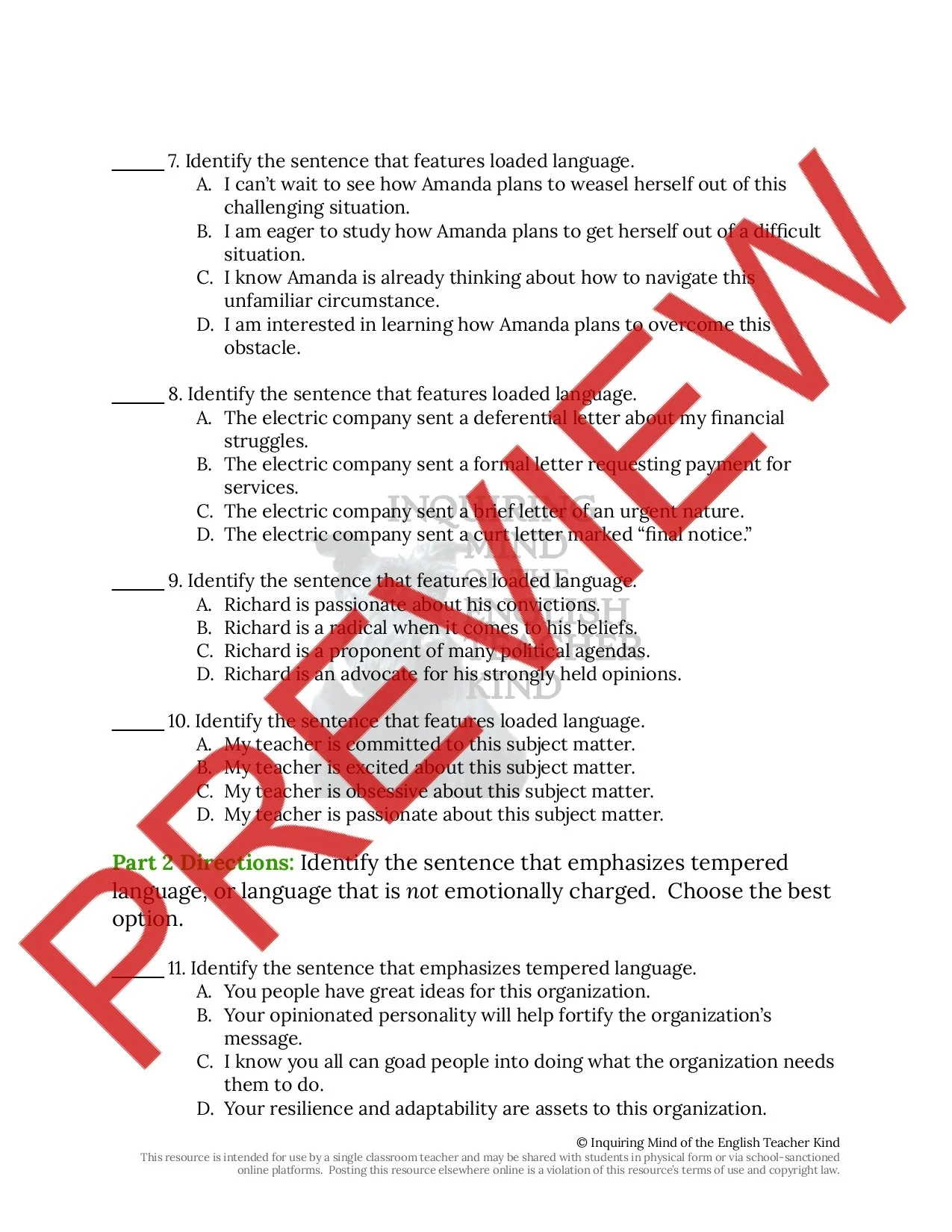 Grammar Worksheet on Loaded Language with Answer Key — Inquiring Mind ...
