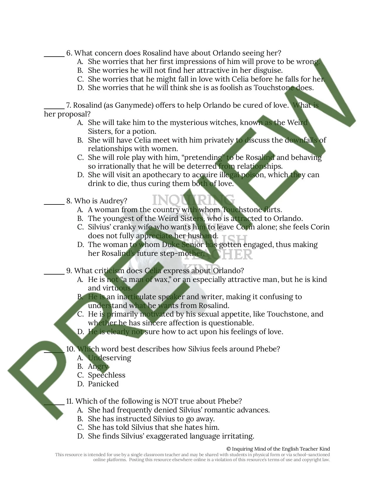 As You Like It Quiz and Answer Key Bundle — Inquiring Mind of the ...