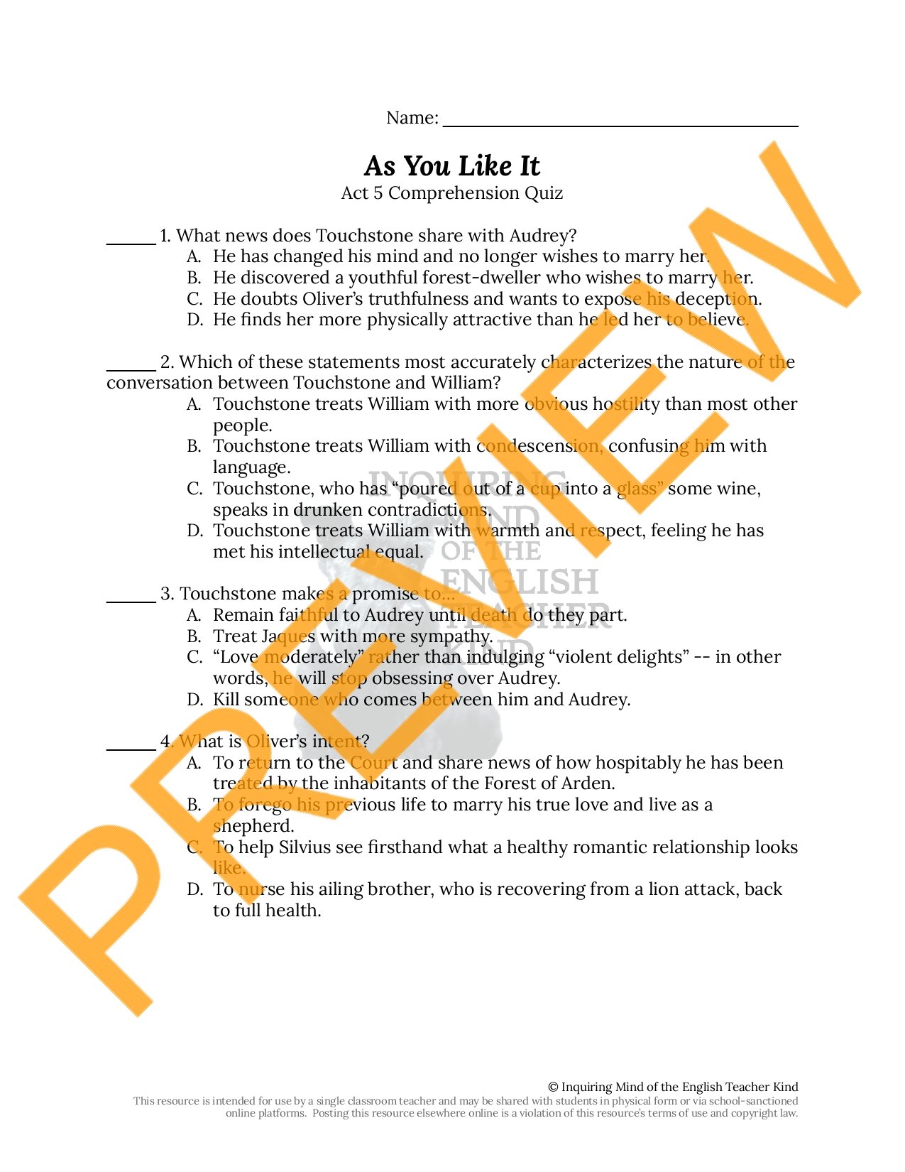 As You Like It Quiz and Answer Key Bundle — Inquiring Mind of the ...