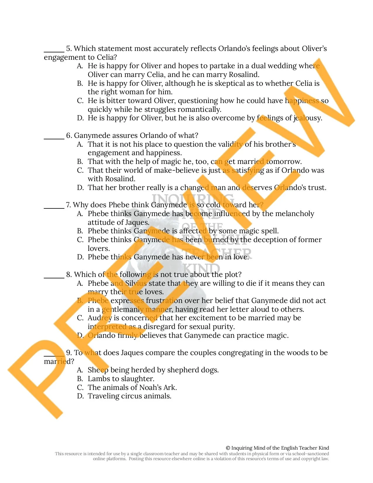 As You Like It Quiz and Answer Key Bundle — Inquiring Mind of the ...