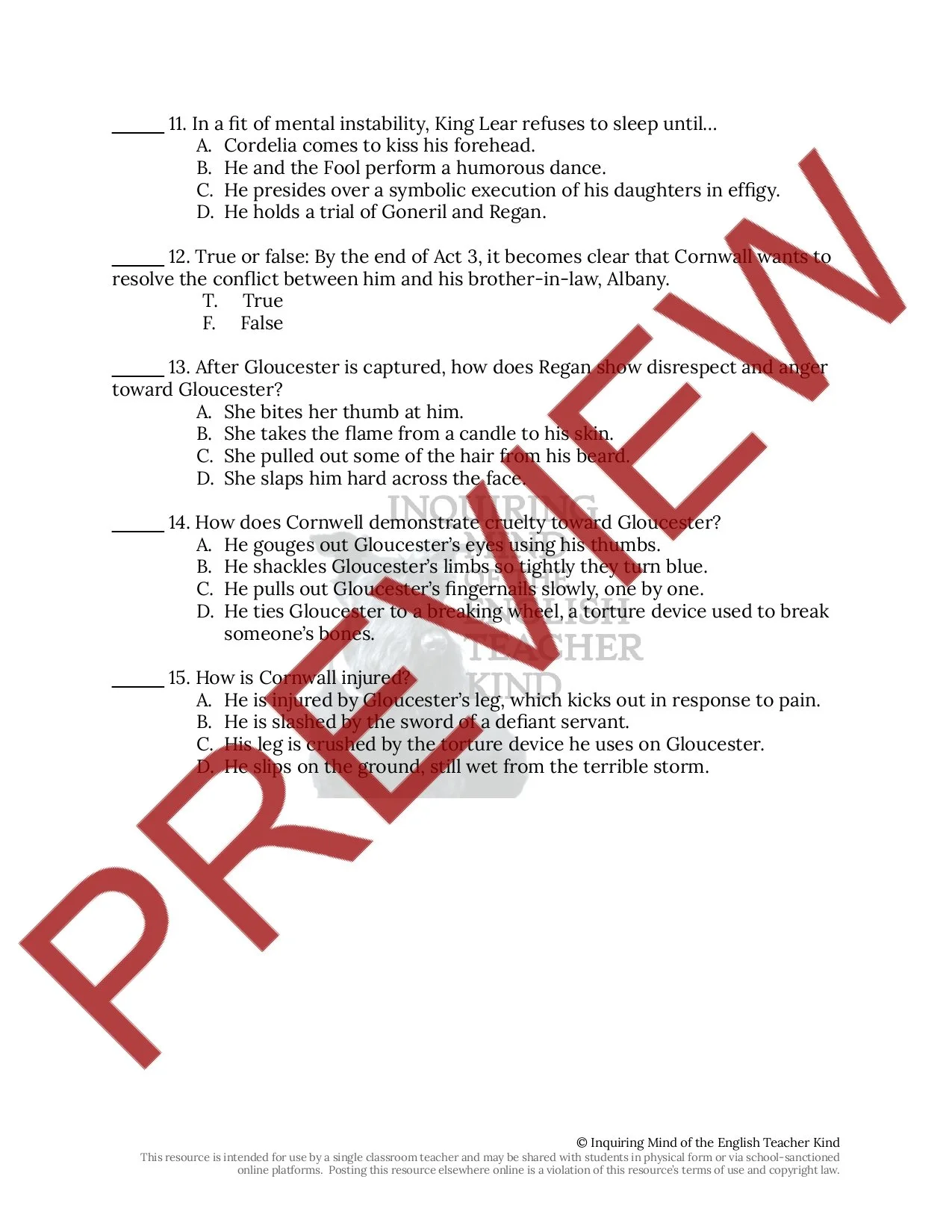 King Lear Quiz Bundle with Answer Keys — Inquiring Mind of the English ...