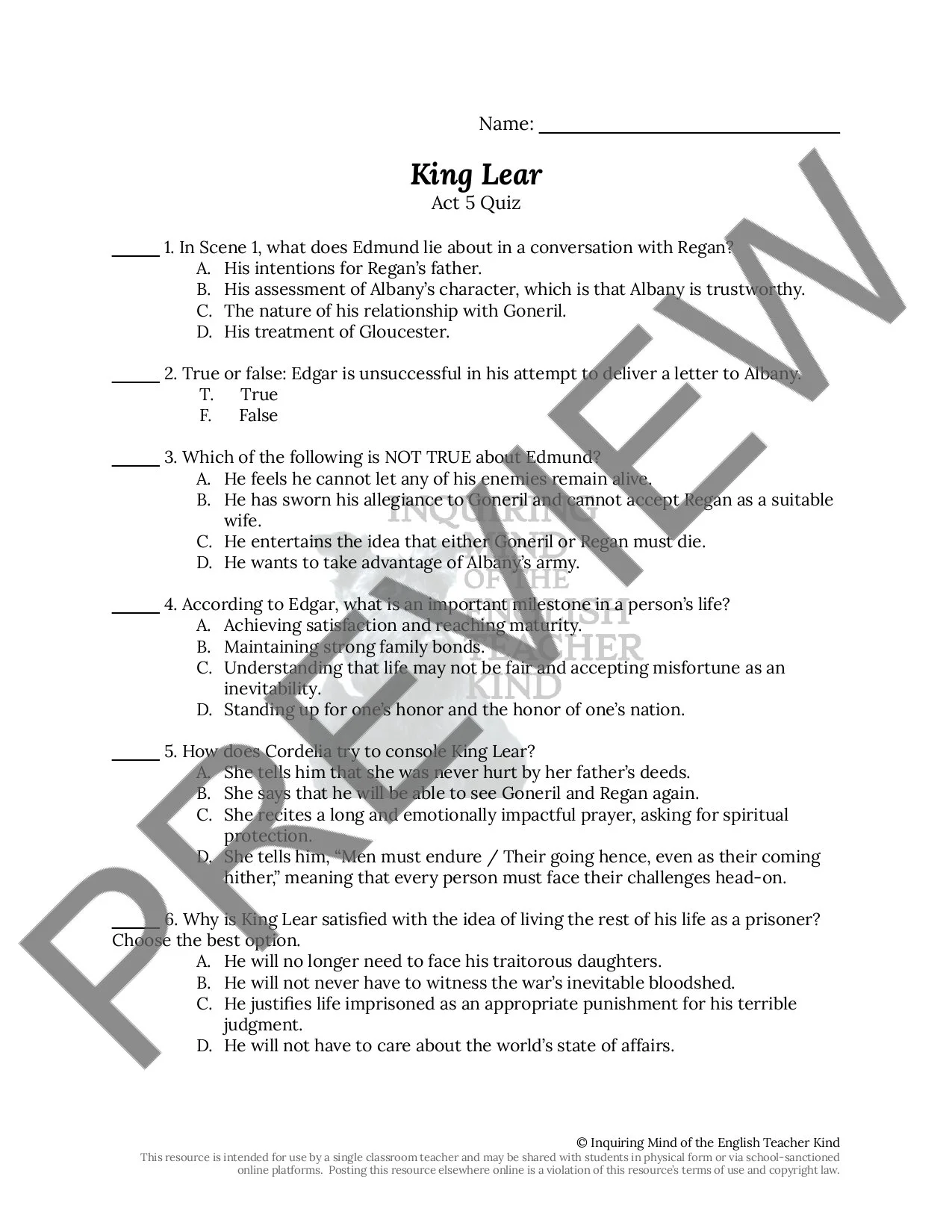 King Lear Quiz Bundle with Answer Keys — Inquiring Mind of the English ...