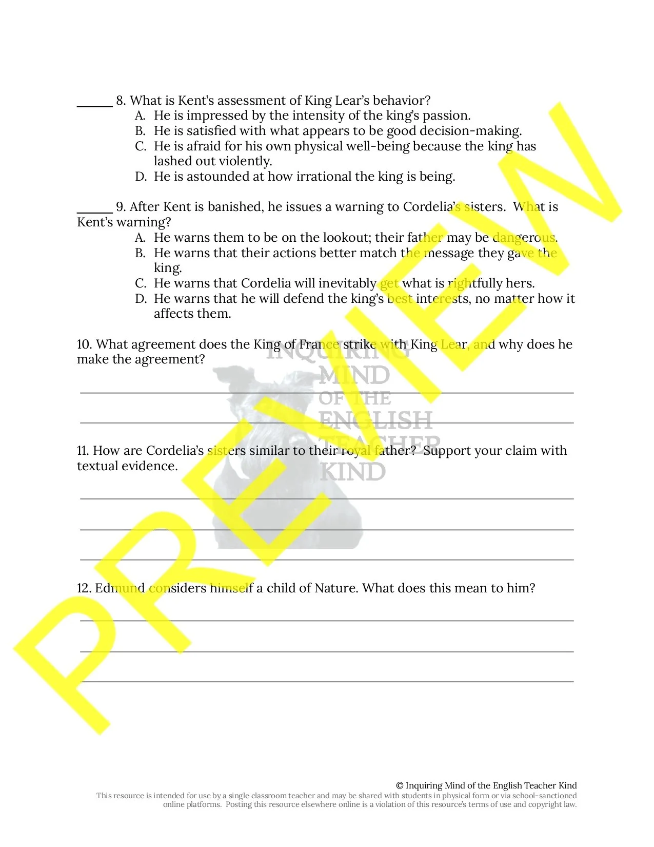King Lear Quiz Bundle with Answer Keys — Inquiring Mind of the English ...
