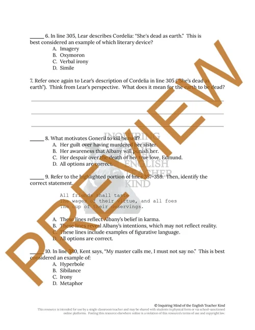 King Lear Act 3 Quiz and Close Reading Analysis Worksheets Bundle for ...