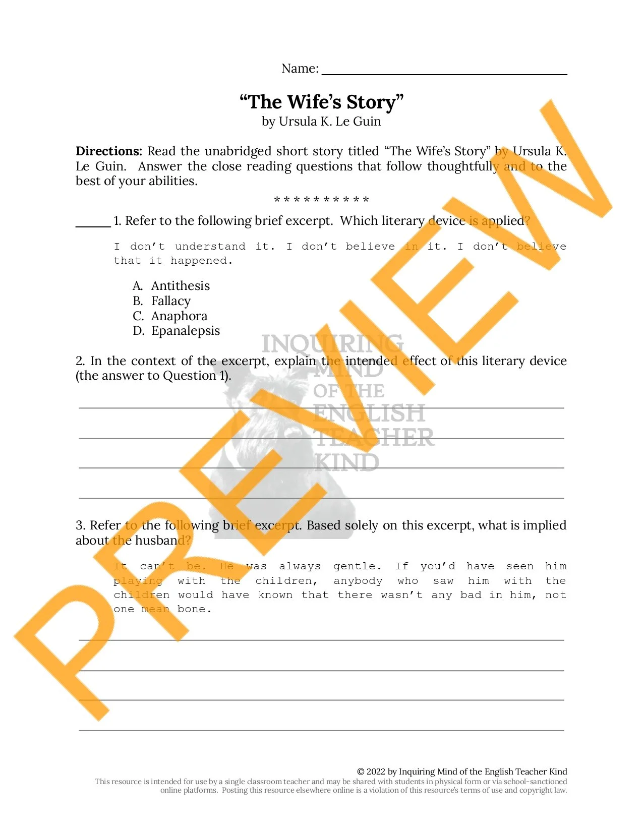 "The Wife's Story" by Ursula K. Le Guin Close Reading Worksheet ...