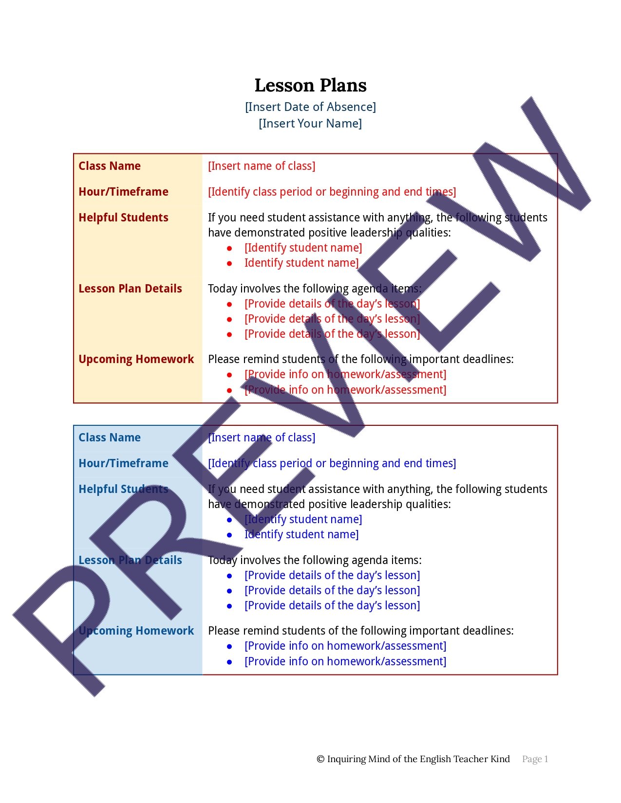 Emergency Sub Plan Templates for High School English Language Arts ...
