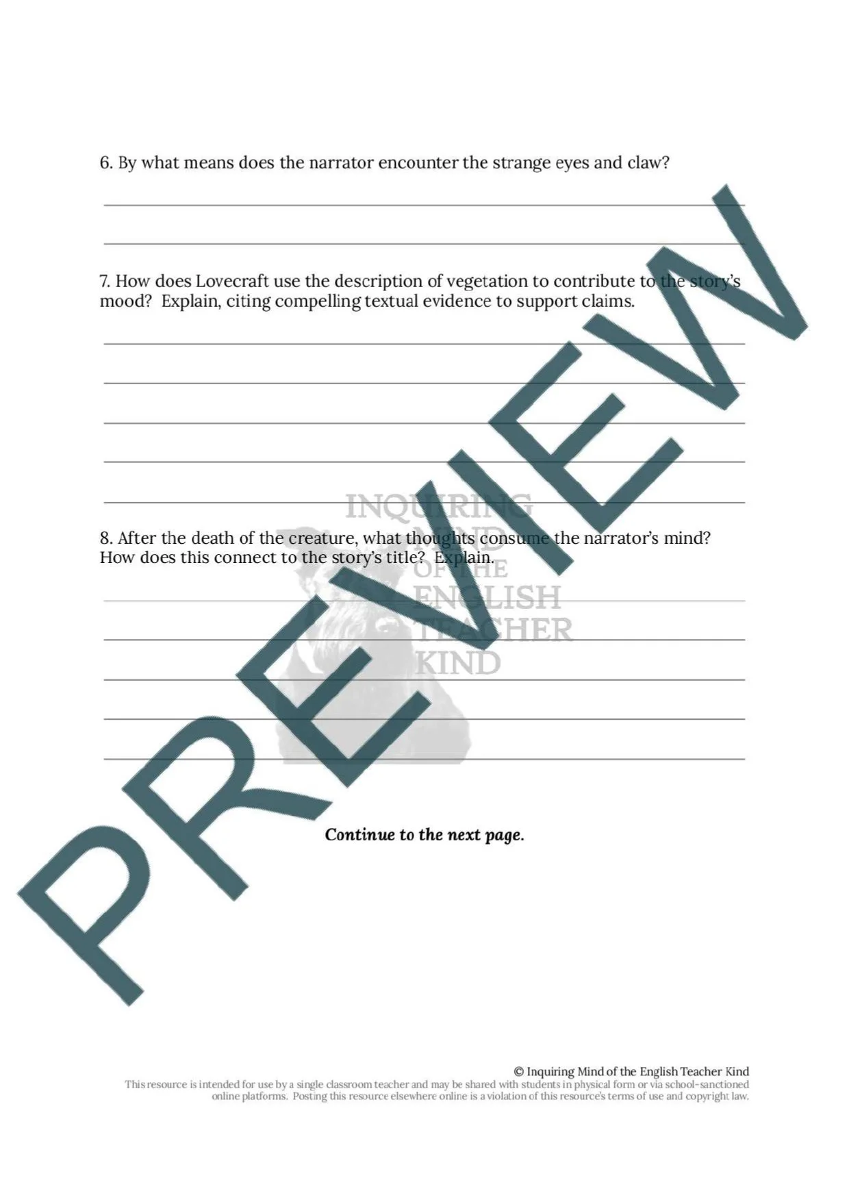 "The Lurking Fear" by H.P. Lovecraft Quiz and Close Reading Bundle ...