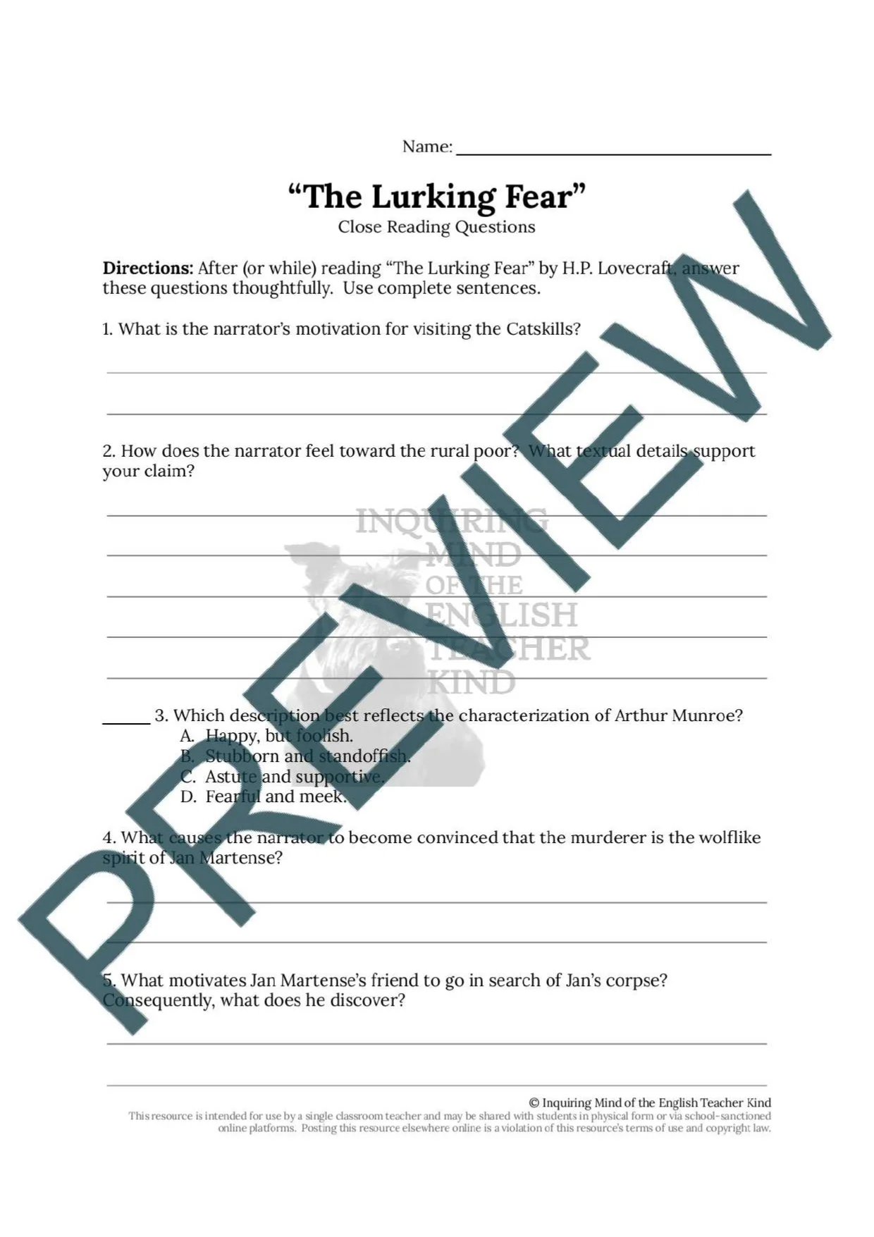"The Lurking Fear" by H.P. Lovecraft Quiz and Close Reading Bundle ...