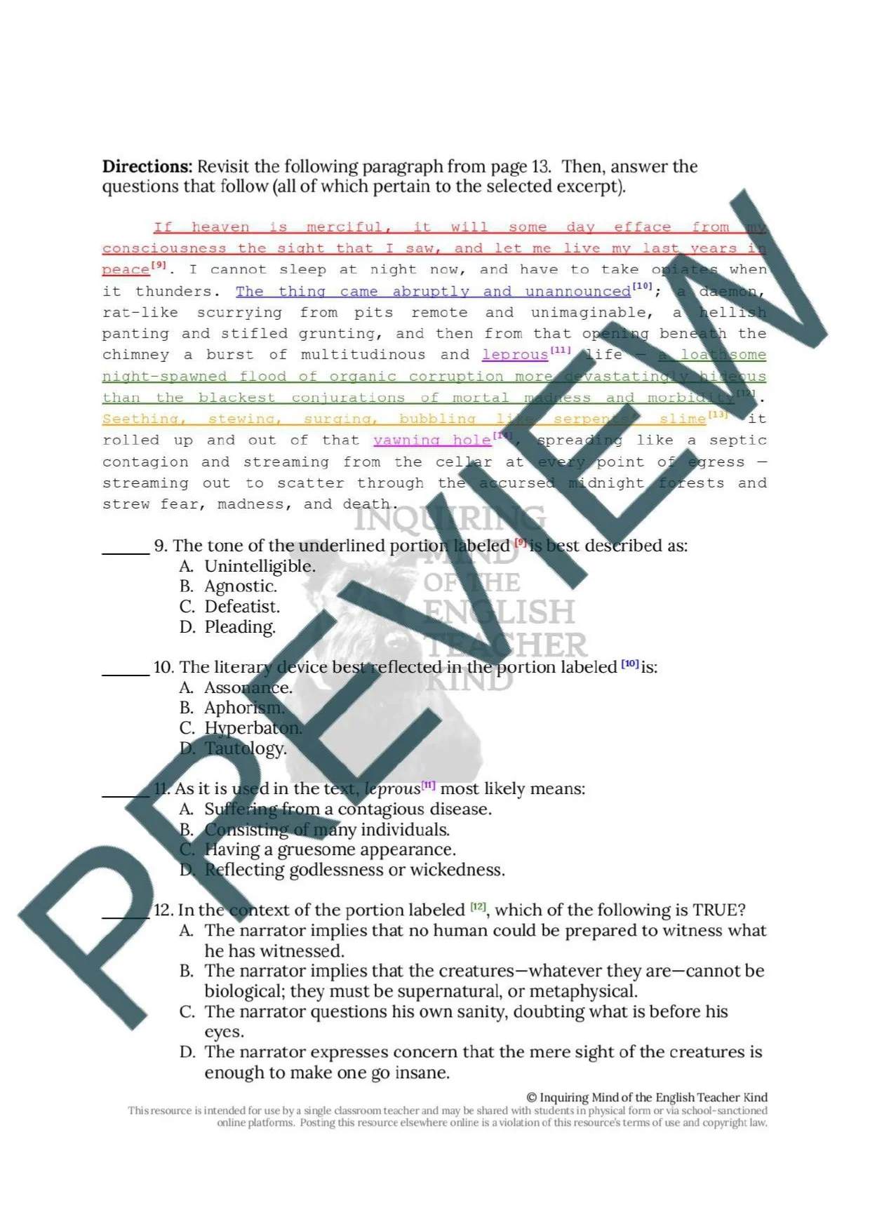 "The Lurking Fear" by H.P. Lovecraft Quiz and Close Reading Bundle ...