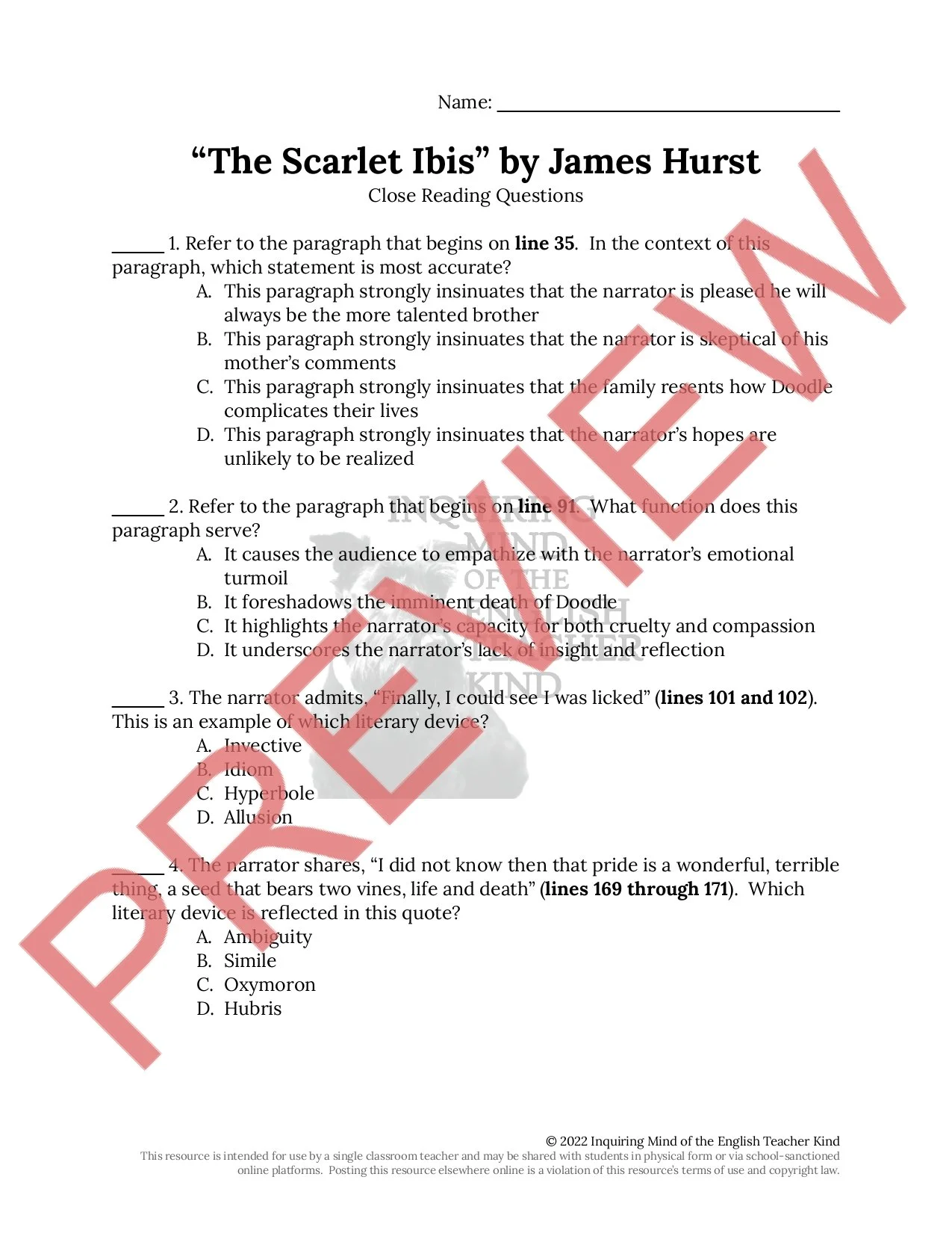 "The Scarlet Ibis" by James Hurst Quiz and Close Reading Analysis ...