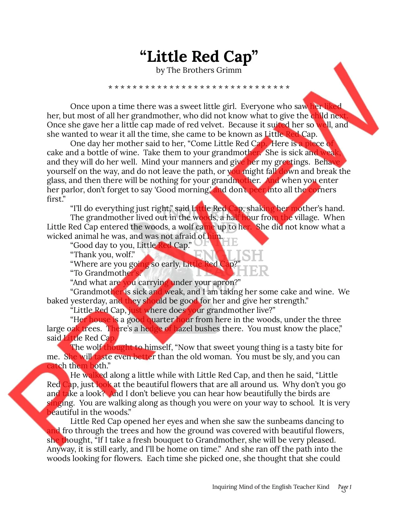 "Little Red Riding Hood" by the Brothers Grimm Quiz and Close Reading ...