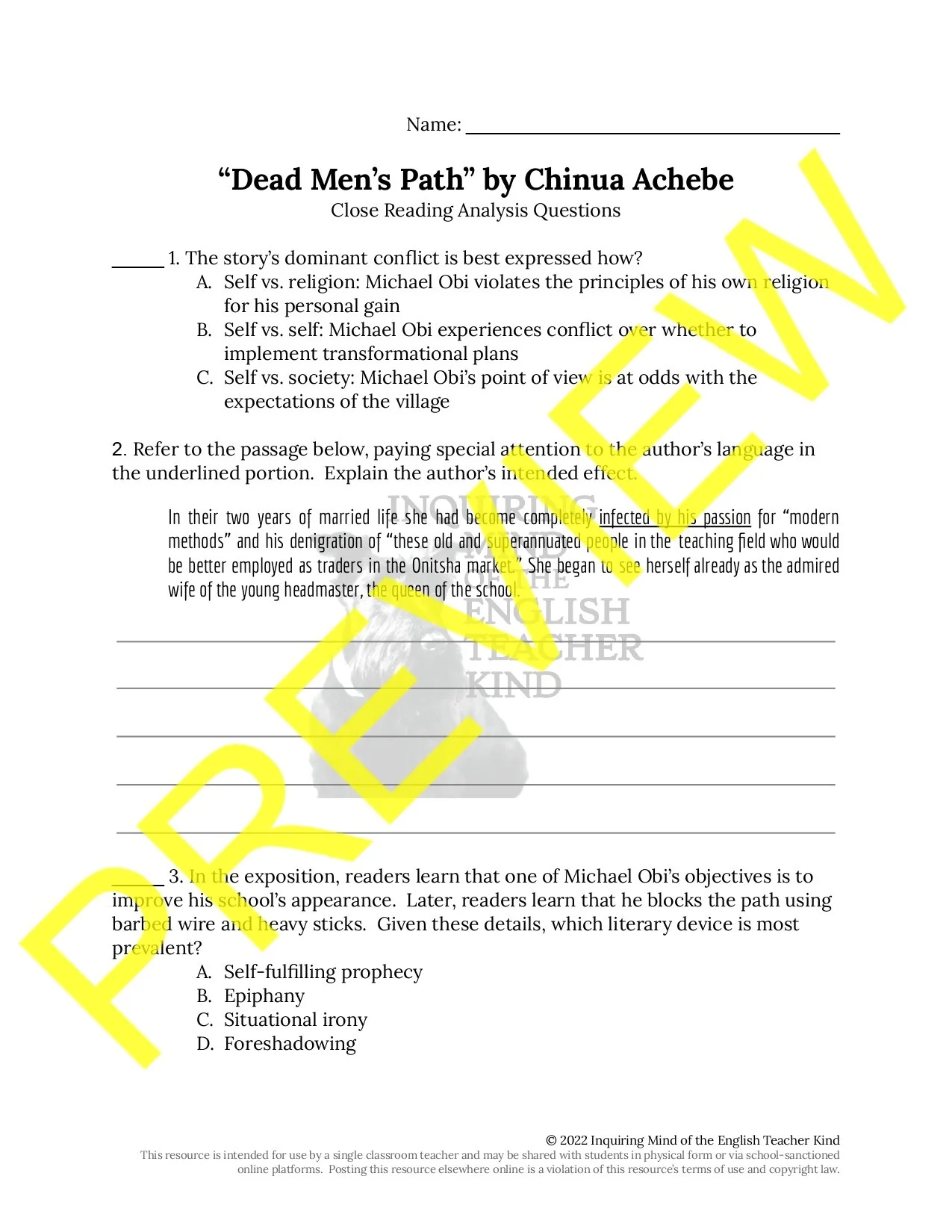 "Dead Men's Path" by Chinua Achebe Quiz and Close Reading Analysis ...