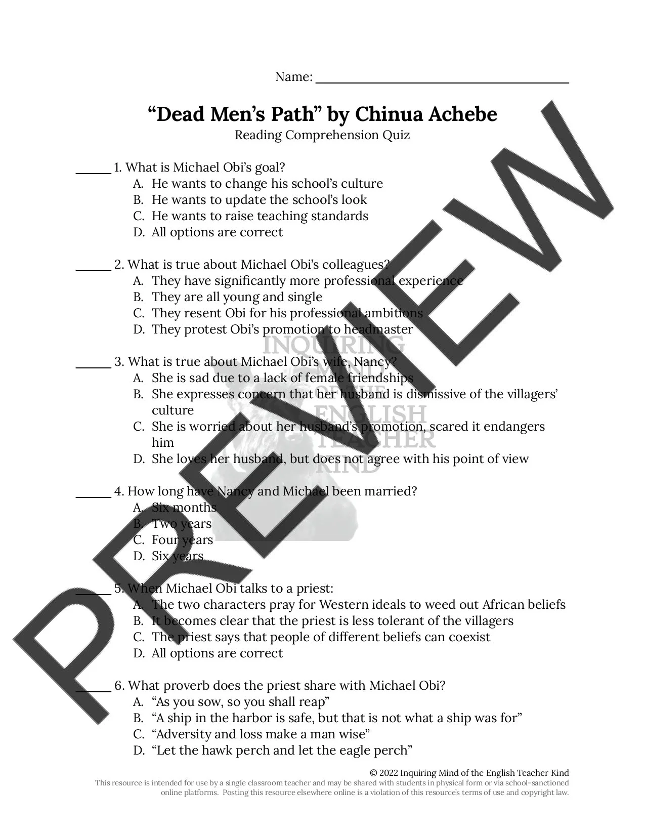 "Dead Men's Path" by Chinua Achebe Quiz and Close Reading Analysis ...