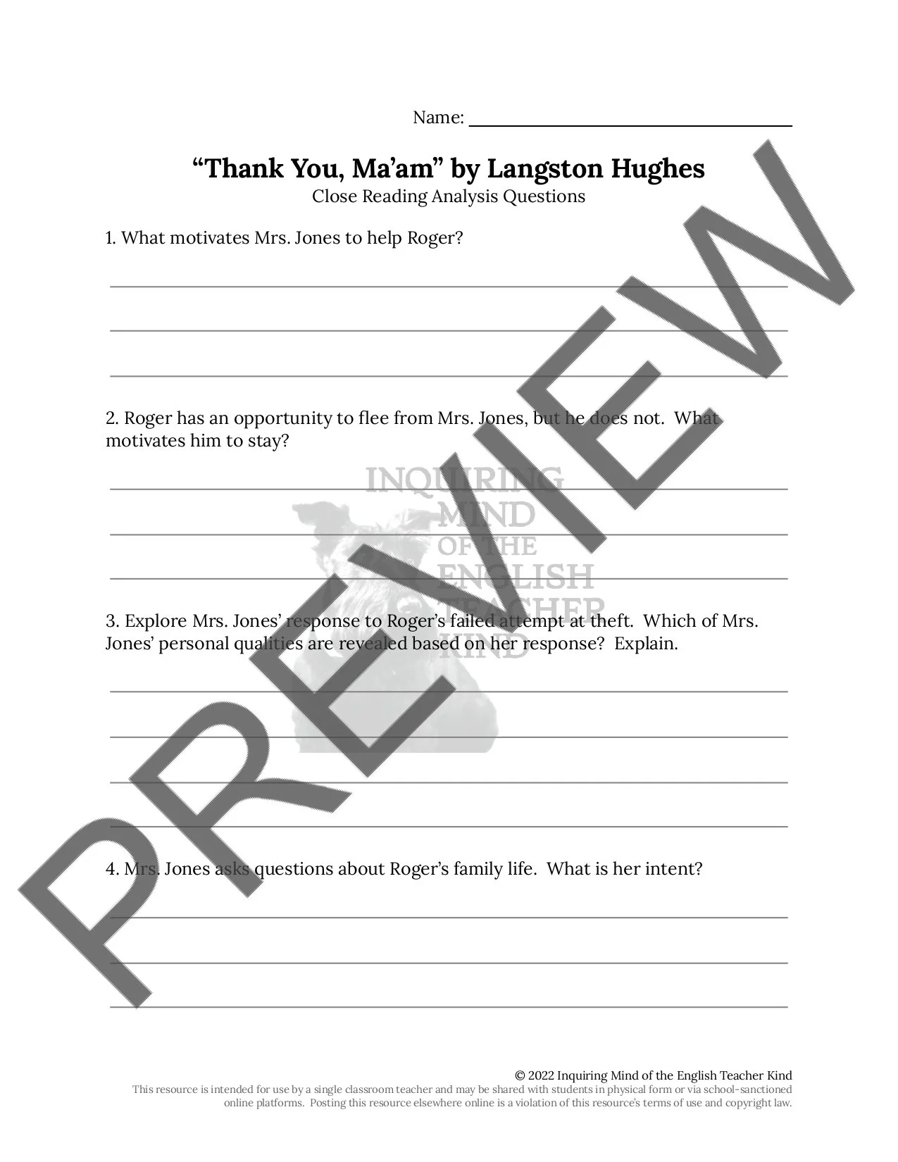 "Thank You, Ma'am" by Langston Hughes Close Reading Analysis Questions ...