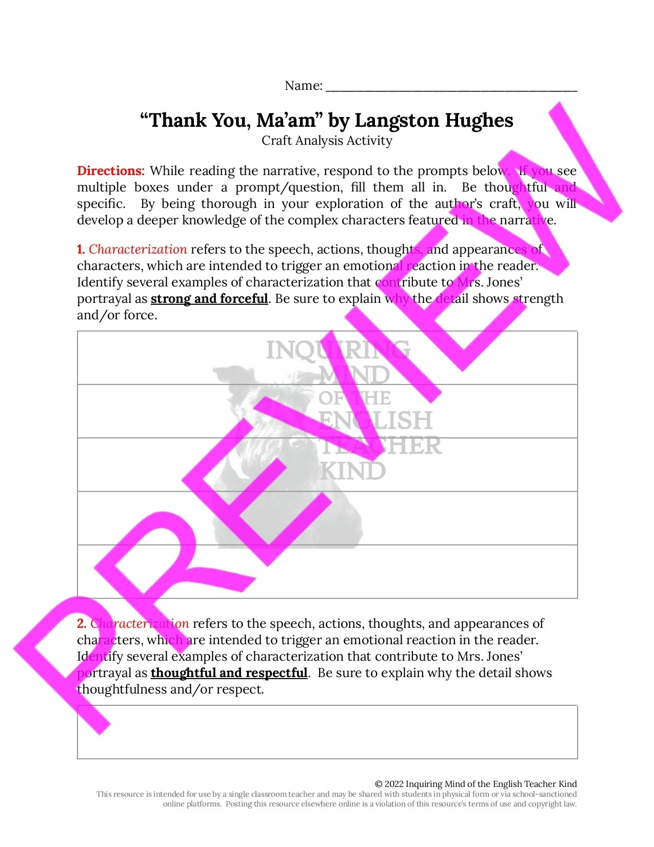 "Thank You, Ma'am" by Langston Hughes Craft Analysis Activity ...