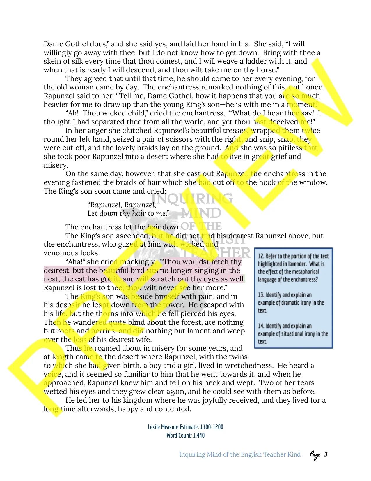 "Rapunzel" by the Brothers Grimm Quiz and Close Reading Analysis Bundle ...