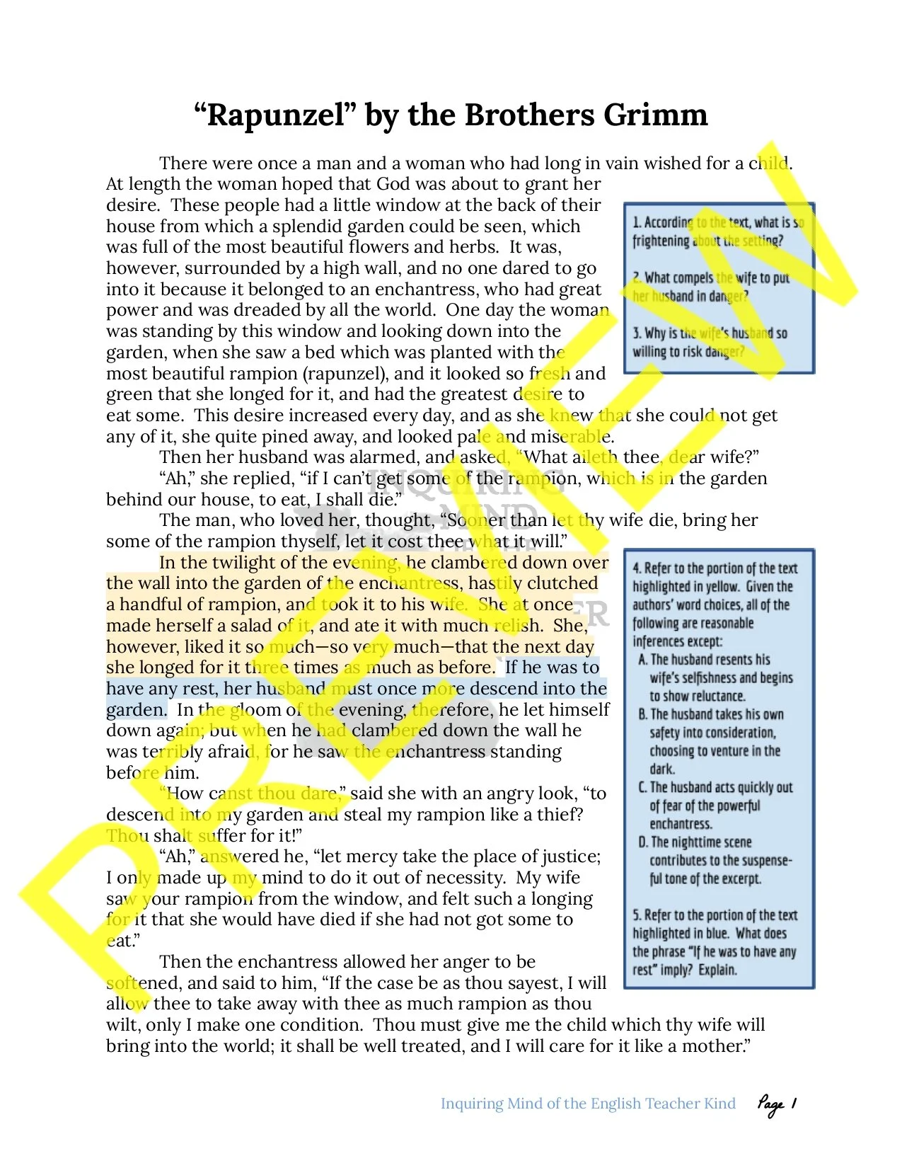 "Rapunzel" by the Brothers Grimm Quiz and Close Reading Analysis Bundle ...