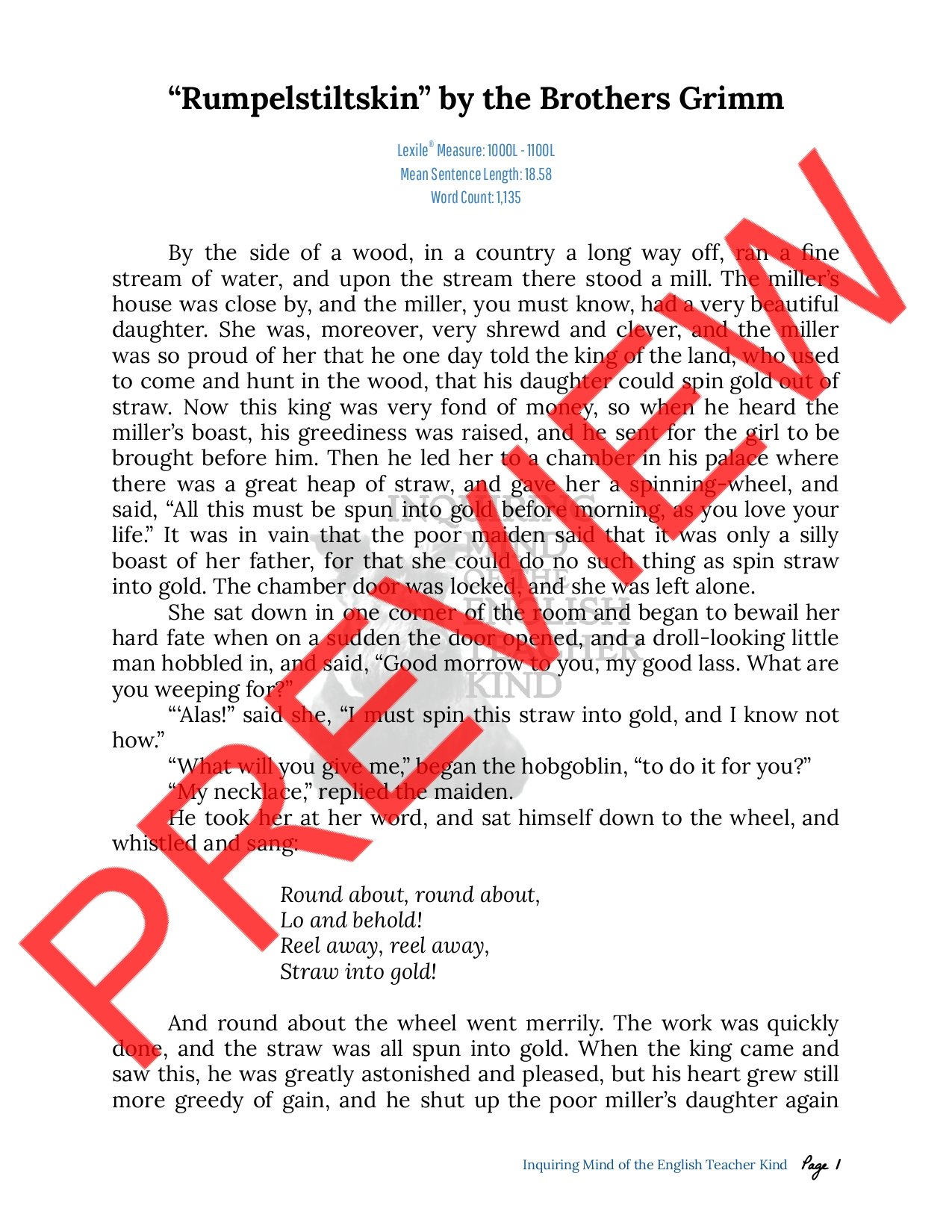 "Rumpelstiltskin" by the Brothers Grimm Quiz and Close Reading Analysis ...