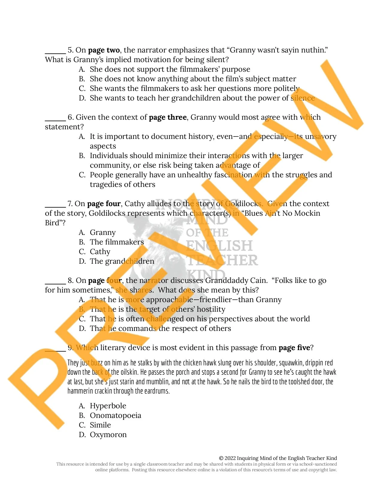 "Blues Ain't No Mockin Bird" by Toni Cade Bambara Quiz and Close ...