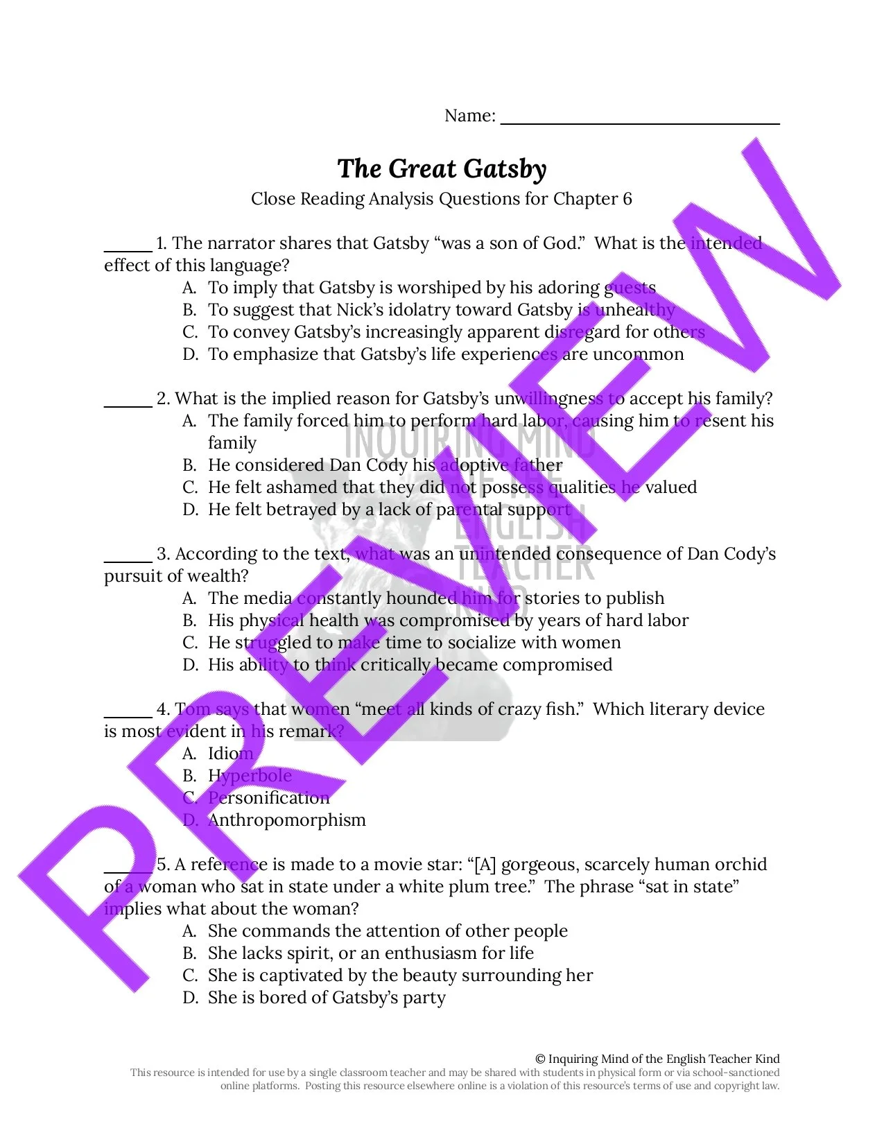 The Great Gatsby Chapter 6 Quiz and Close Reading Analysis Questions ...