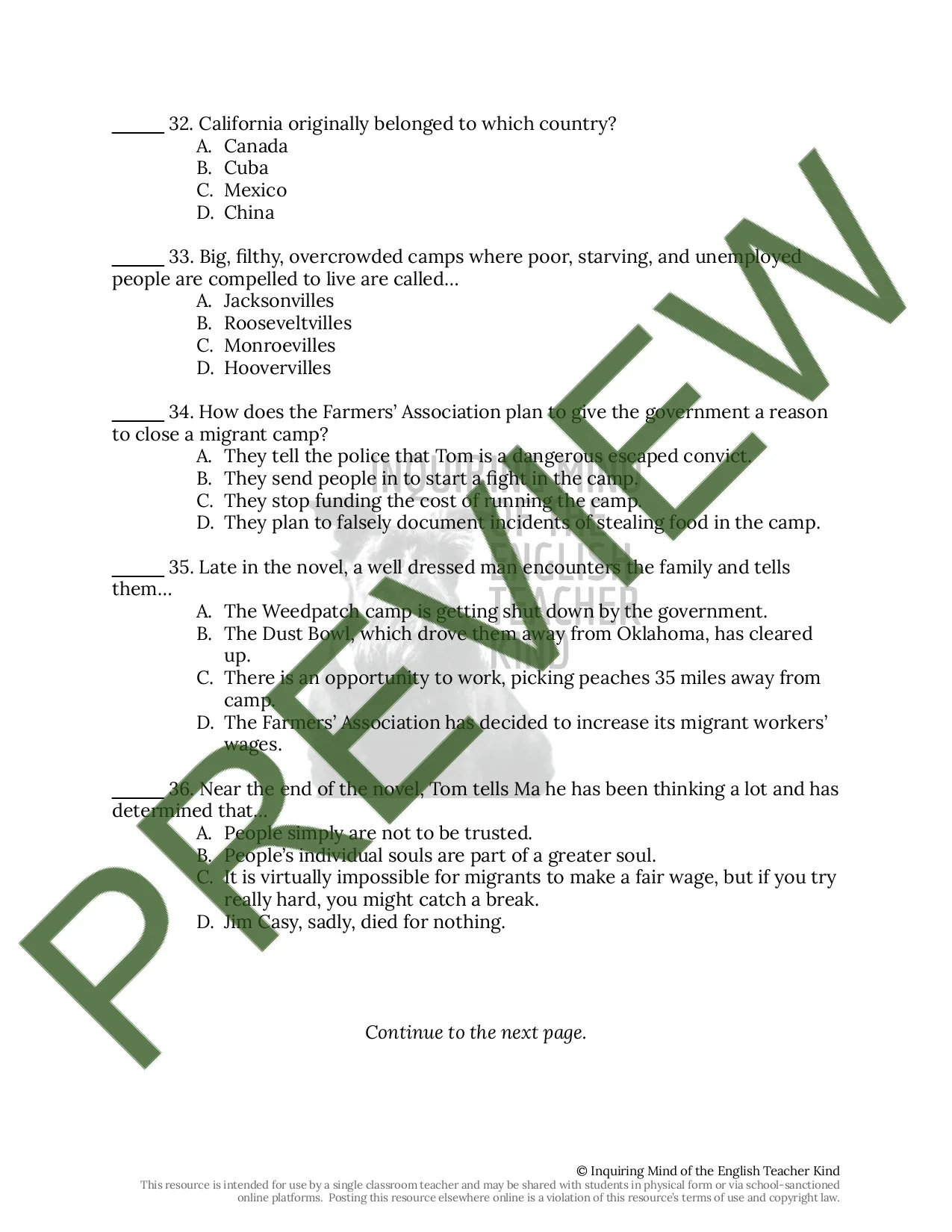 The Grapes of Wrath Test and Answer Key for High School — Inquiring ...