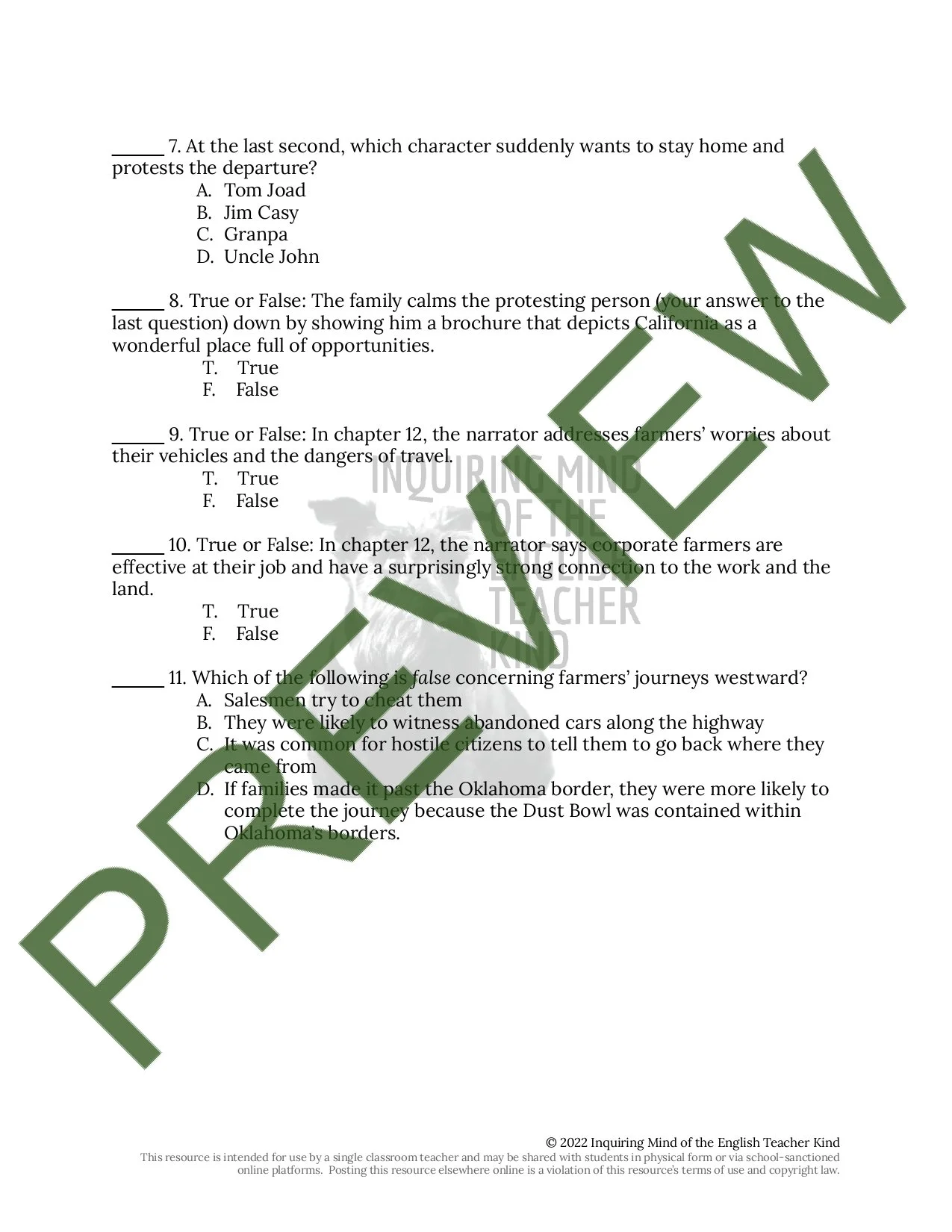 The Grapes of Wrath Chapters 10 through 12 Quiz and Answer Key for High ...