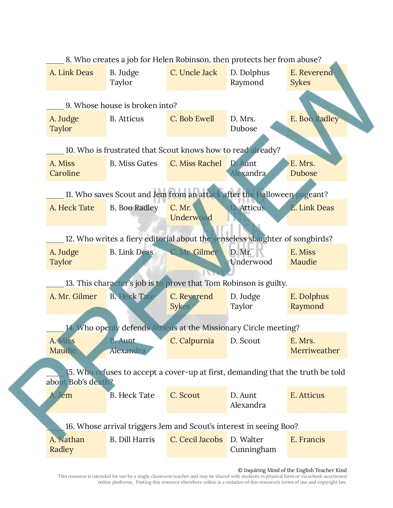 To Kill a Mockingbird by Harper Lee Test and Answer Key for High School ...