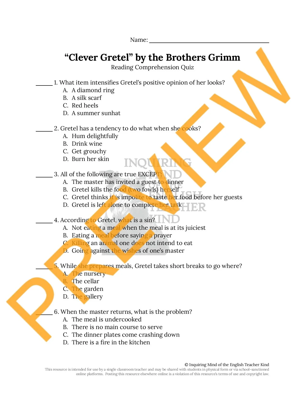 "Clever Gretel" by the Brothers Grimm Quiz and Close Reading Bundle for ...