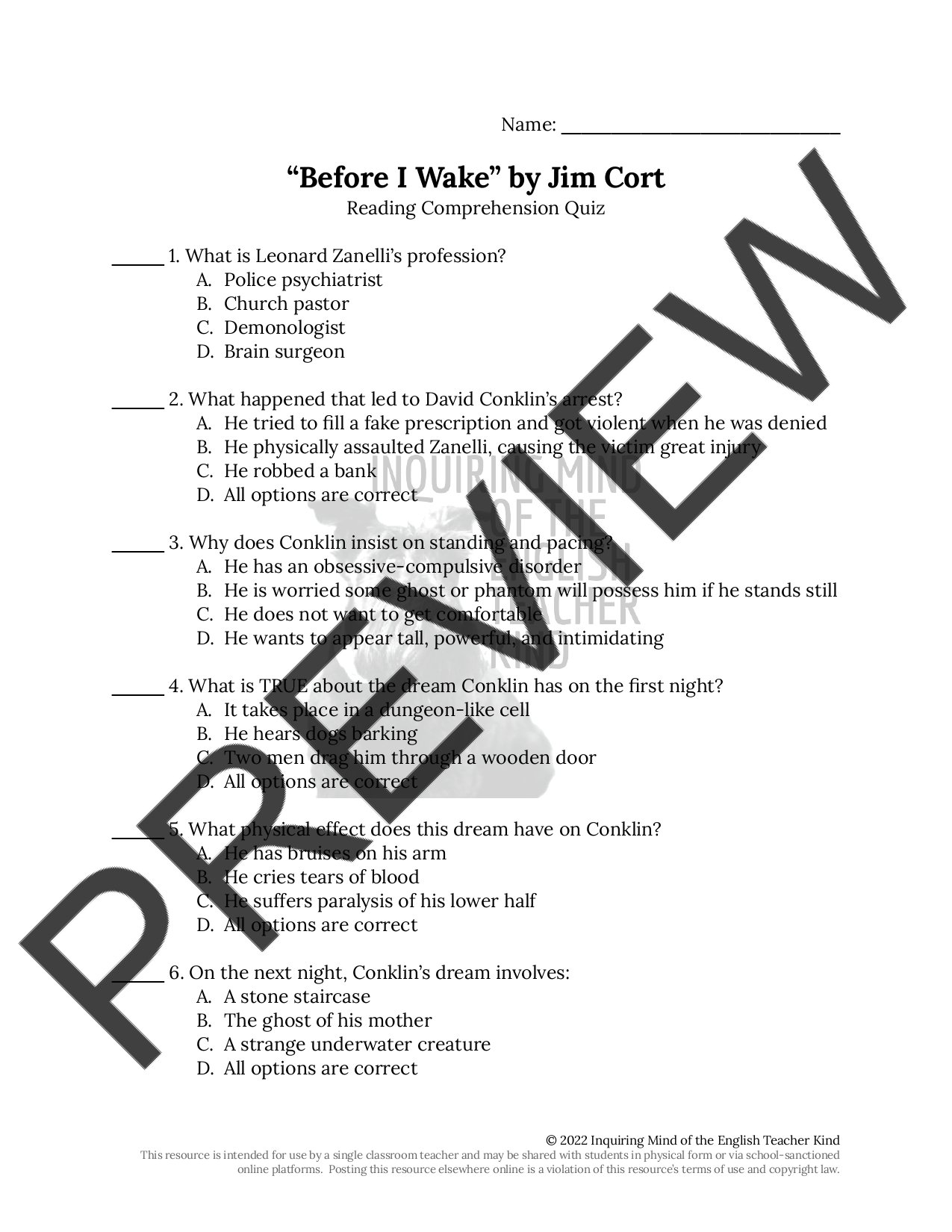 "Before I Wake" by Jim Cort Quiz and Answer Key for High School ...