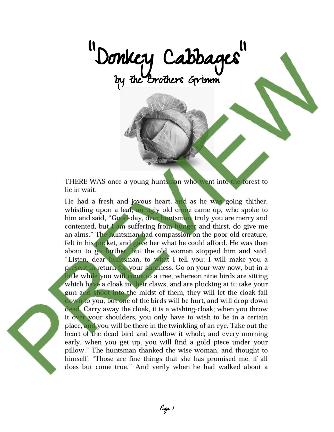 "Donkey Cabbages" by the Brothers Grimm Quiz and Close Reading Bundle ...