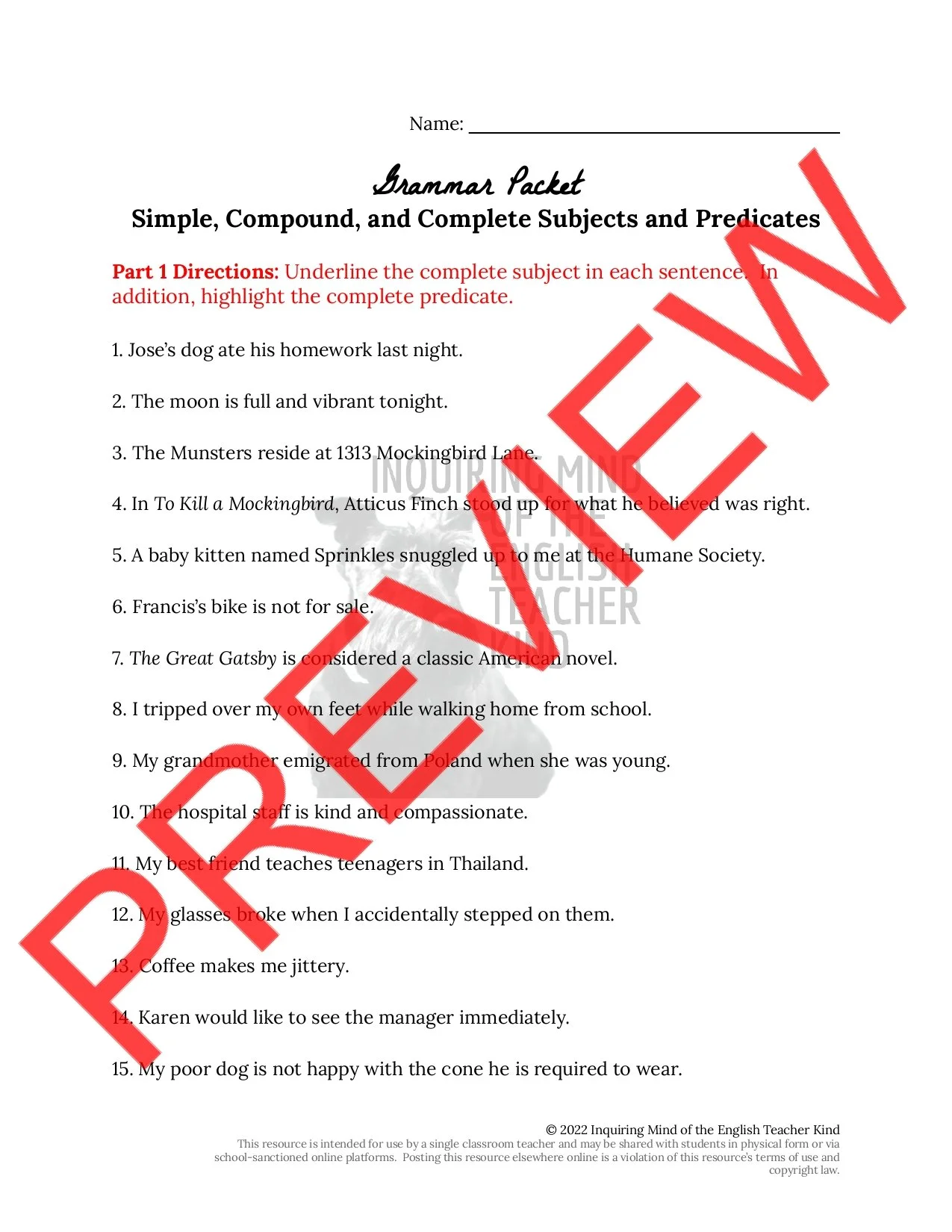 High School Grammar Practice Worksheet on Simple and Compound Subjects ...