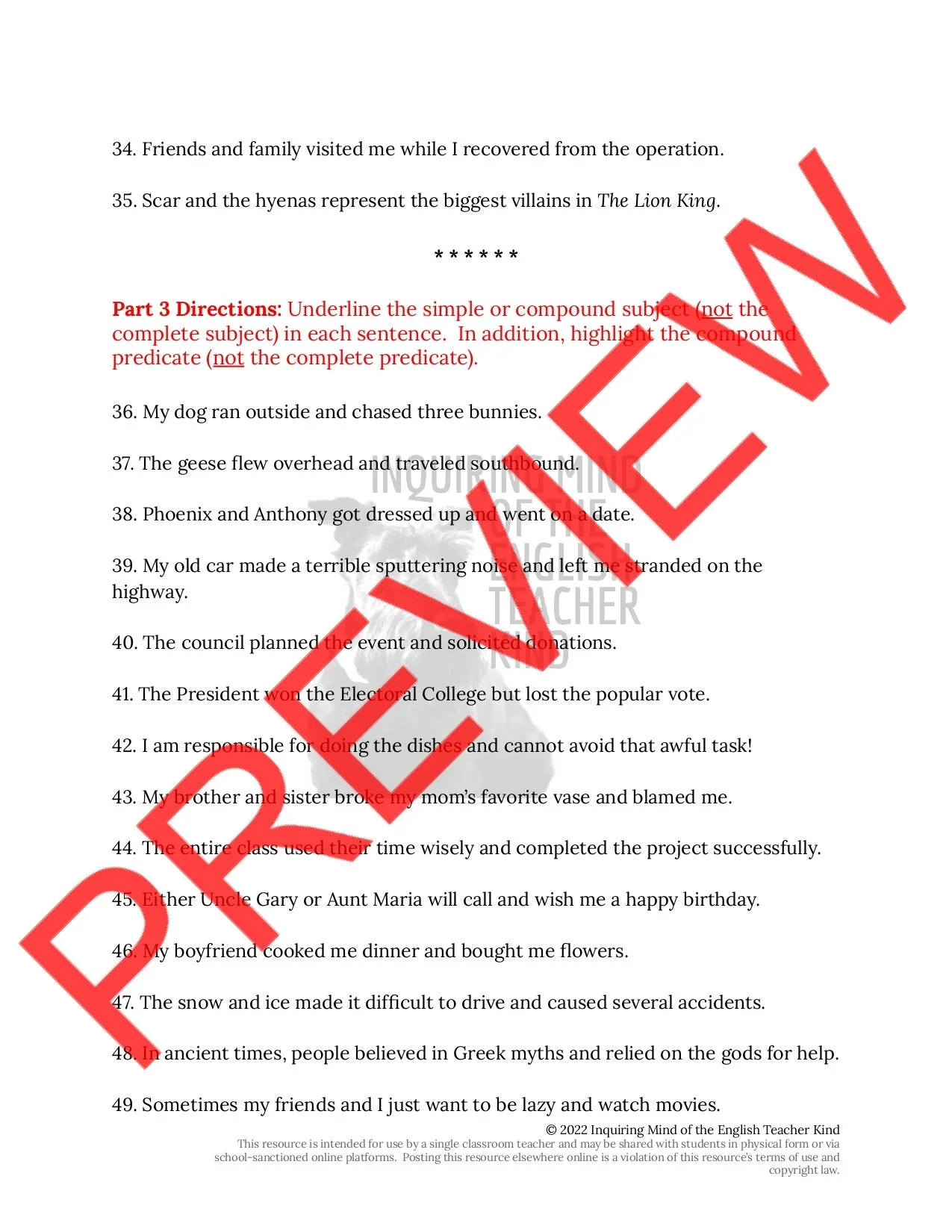 High School Grammar Practice Worksheet on Simple and Compound Subjects ...