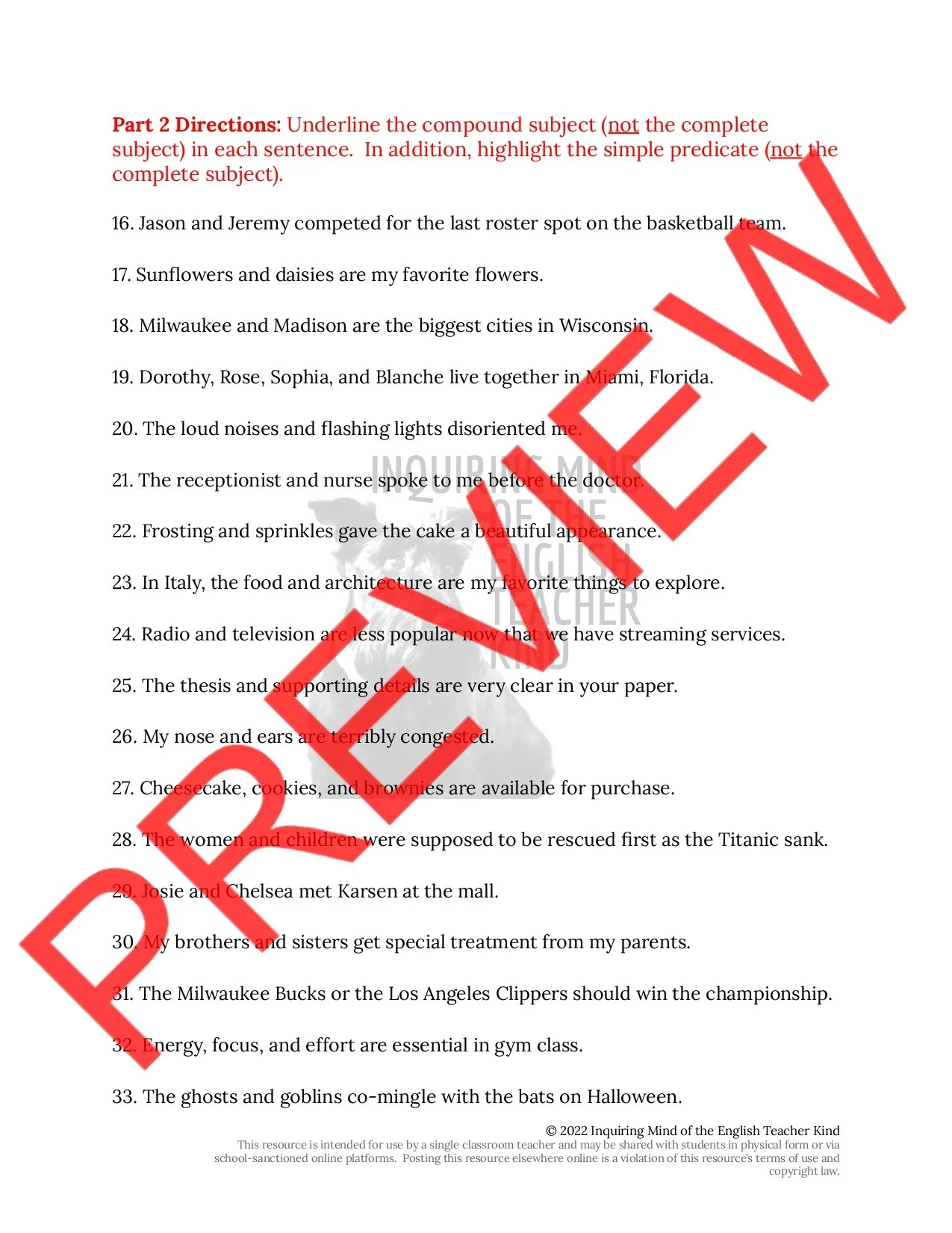 High School Grammar Practice Worksheet on Simple and Compound Subjects ...