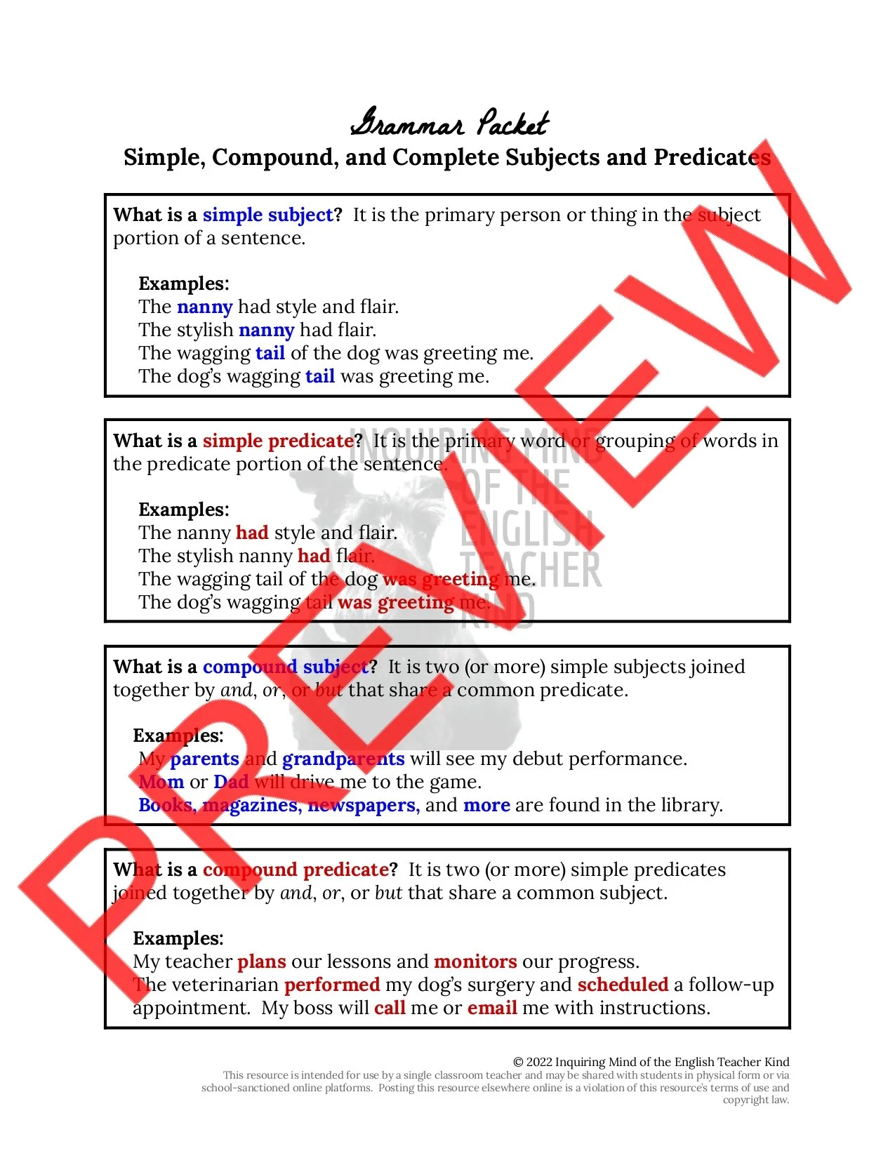 High School Grammar Practice Worksheet on Simple and Compound Subjects ...