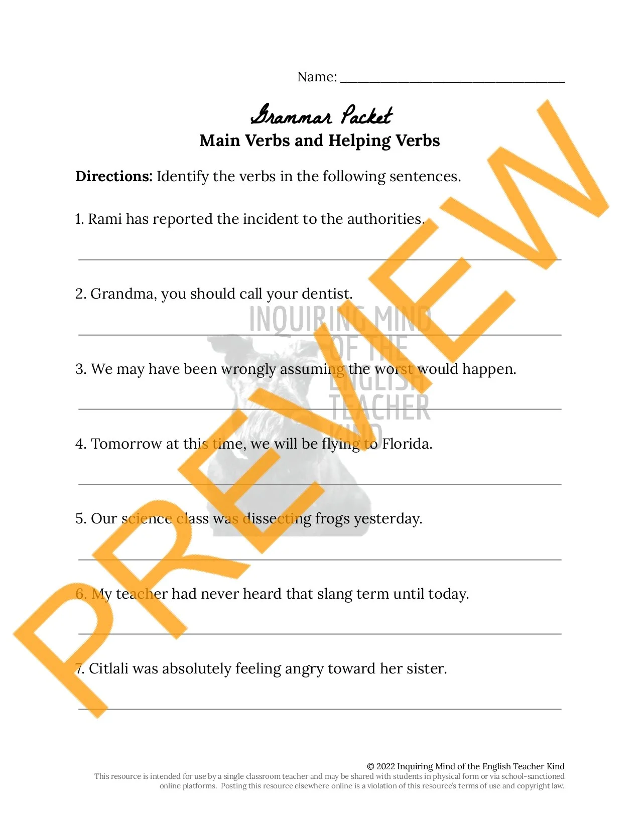 Grammar Worksheet on Main Verbs and Helping Verbs for Middle School and ...