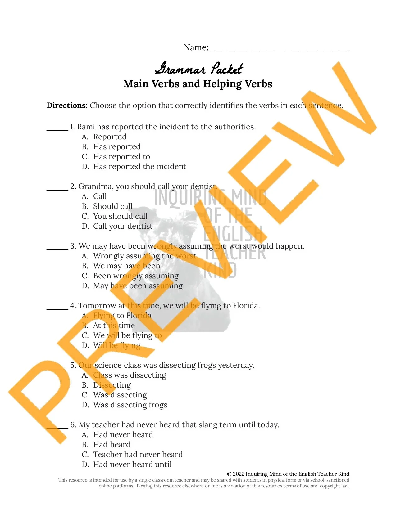 Grammar Worksheet on Main Verbs and Helping Verbs for Middle School and ...