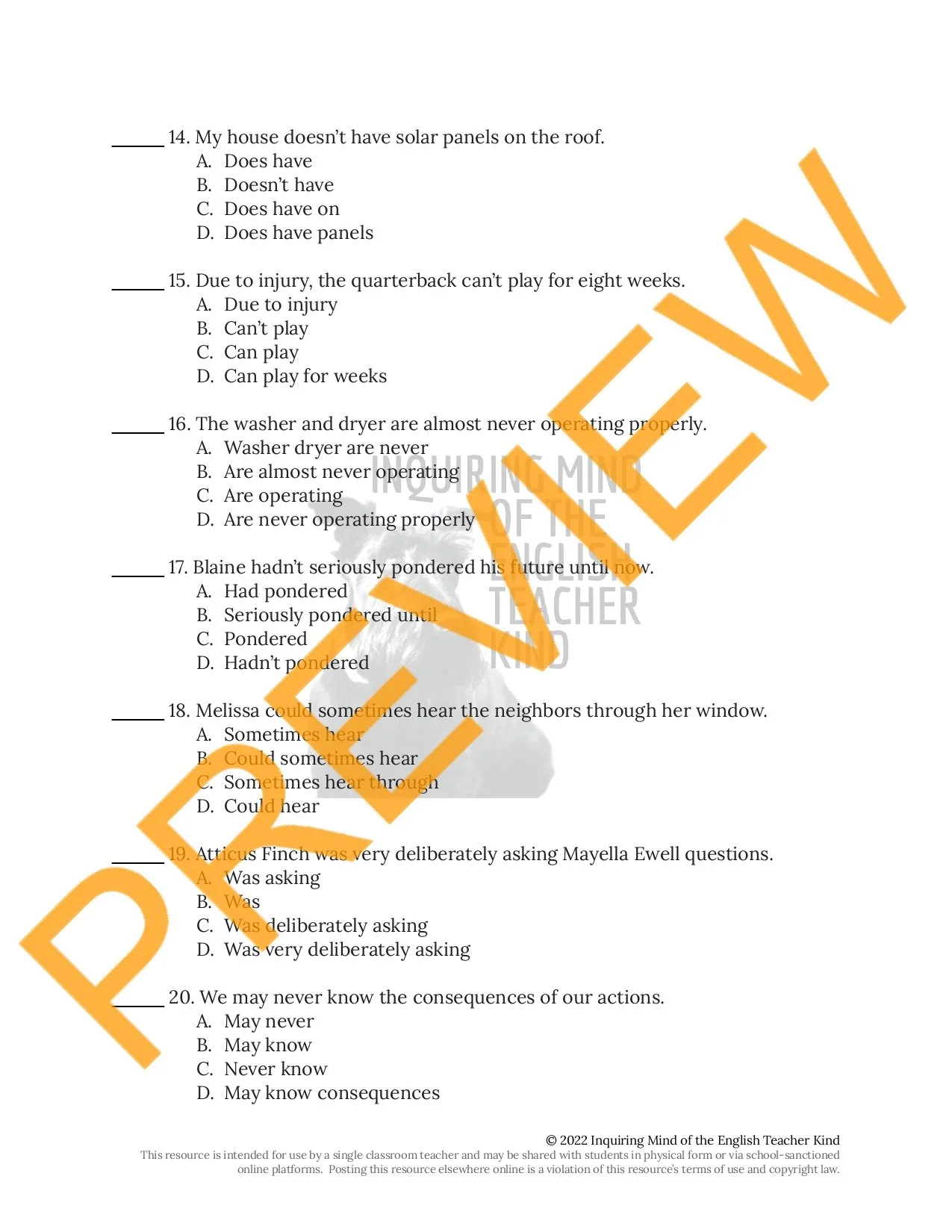 Grammar Worksheet on Main Verbs and Helping Verbs for Middle School and ...