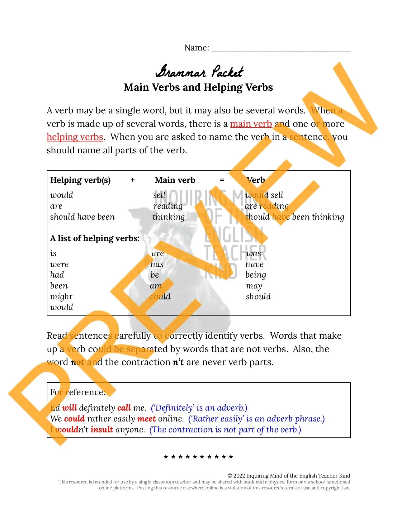 Grammar Worksheet on Main Verbs and Helping Verbs for Middle School and ...