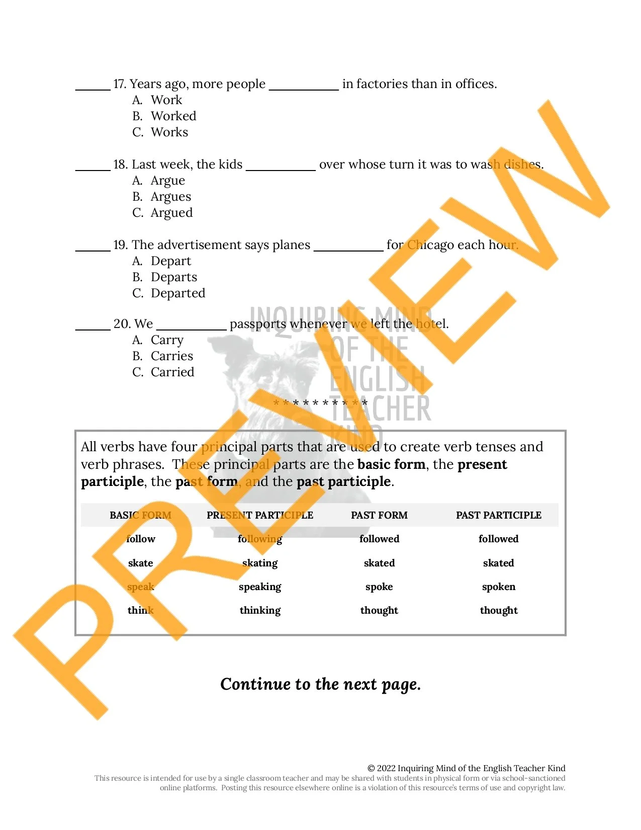 High School Grammar Practice Worksheet on Applying Verb Tenses ...