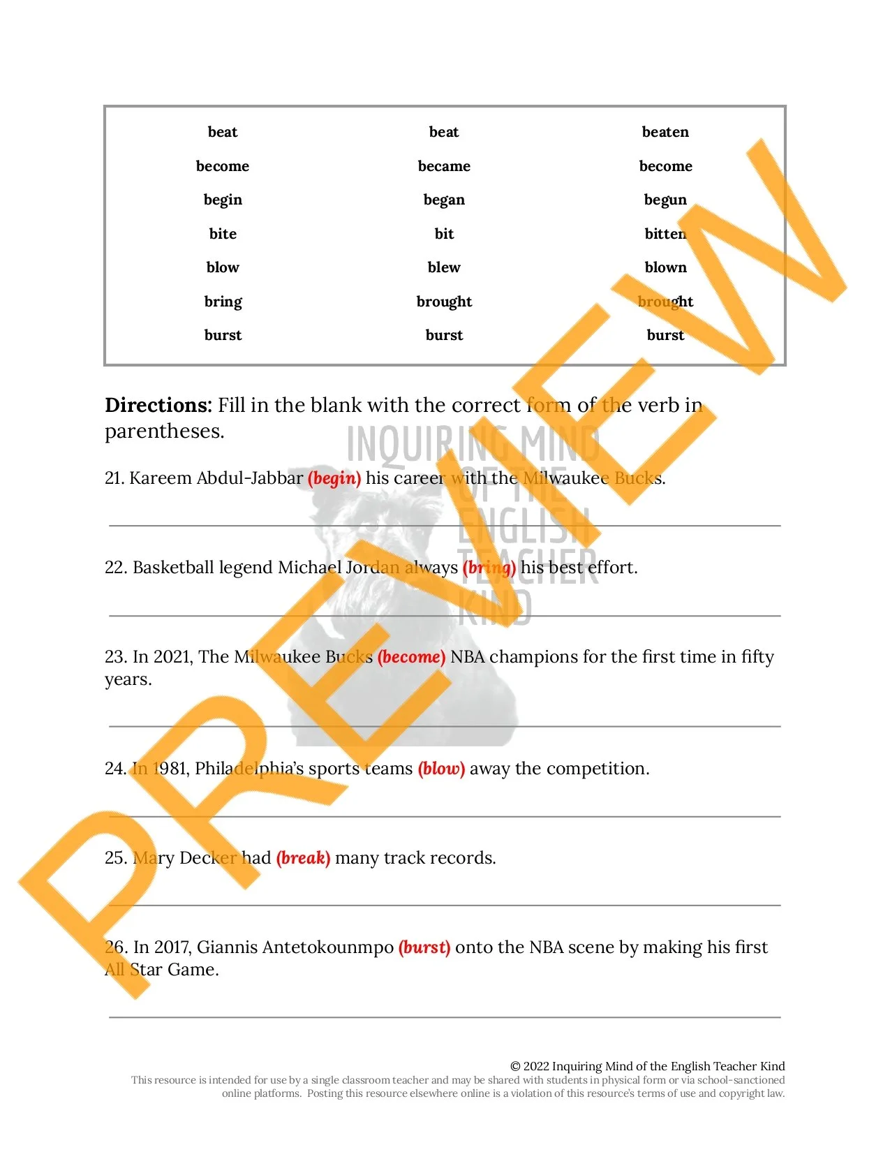 High School Grammar Practice Worksheet on Applying Verb Tenses ...