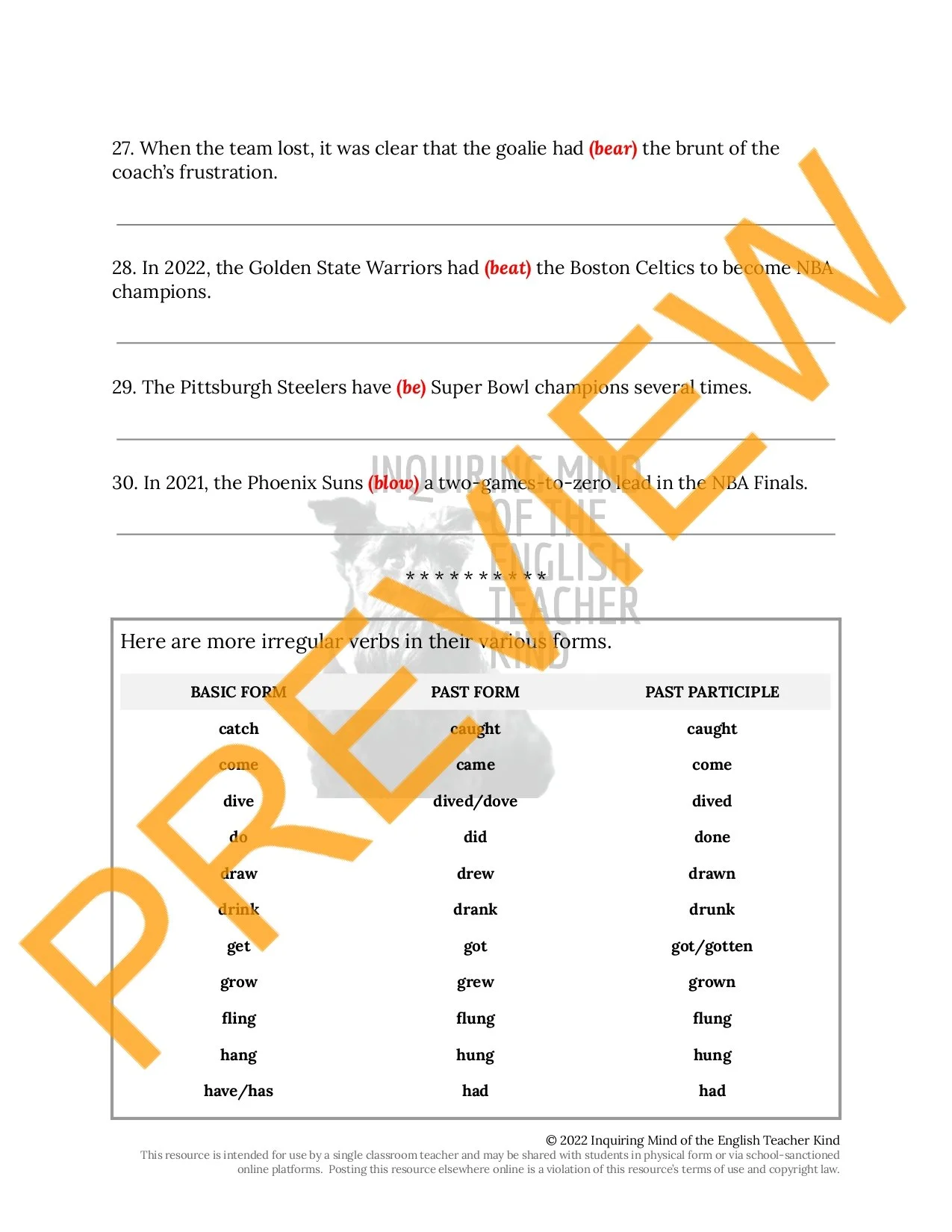 High School Grammar Practice Worksheet on Applying Verb Tenses ...