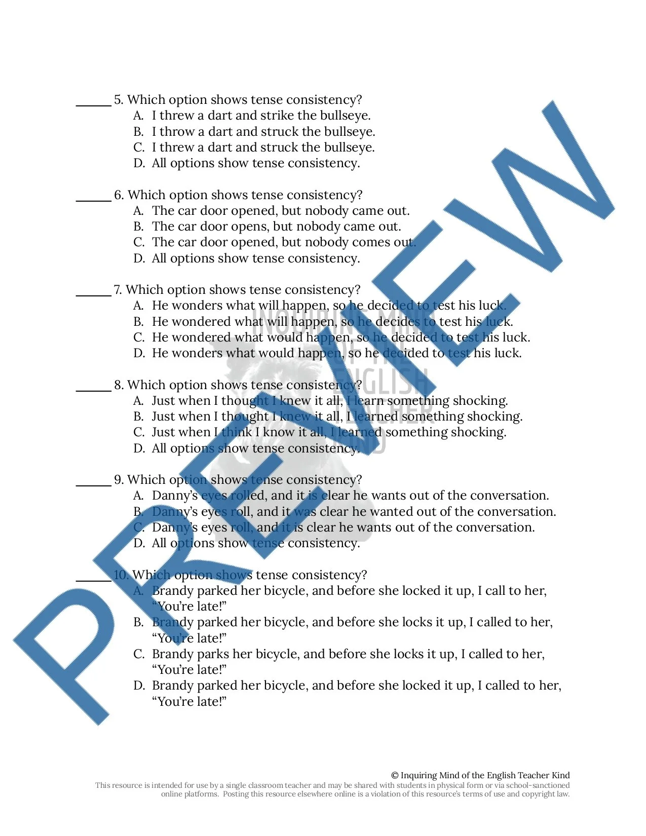 Grammar Practice Worksheet on Resolving Tense Shifts for High School ...