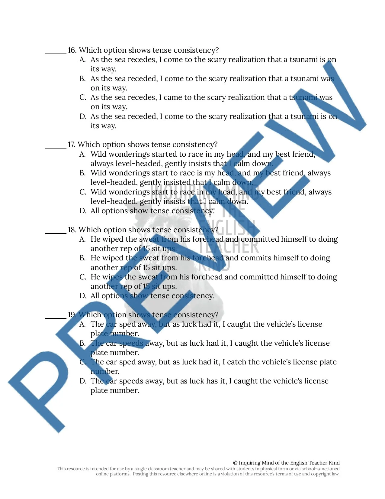 Grammar Practice Worksheet on Resolving Tense Shifts for High School ...