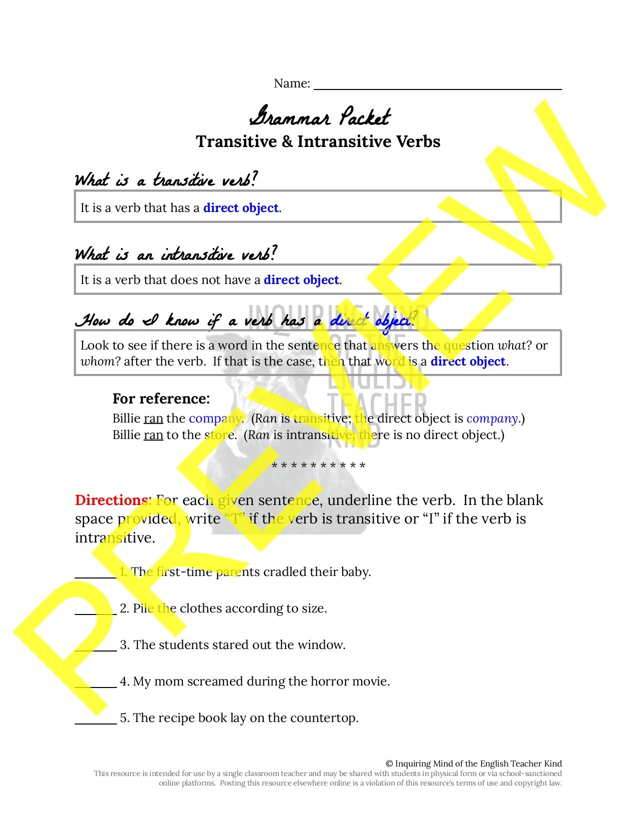 Grammar Practice Worksheet on Transitive and Intransitive Verbs for ...