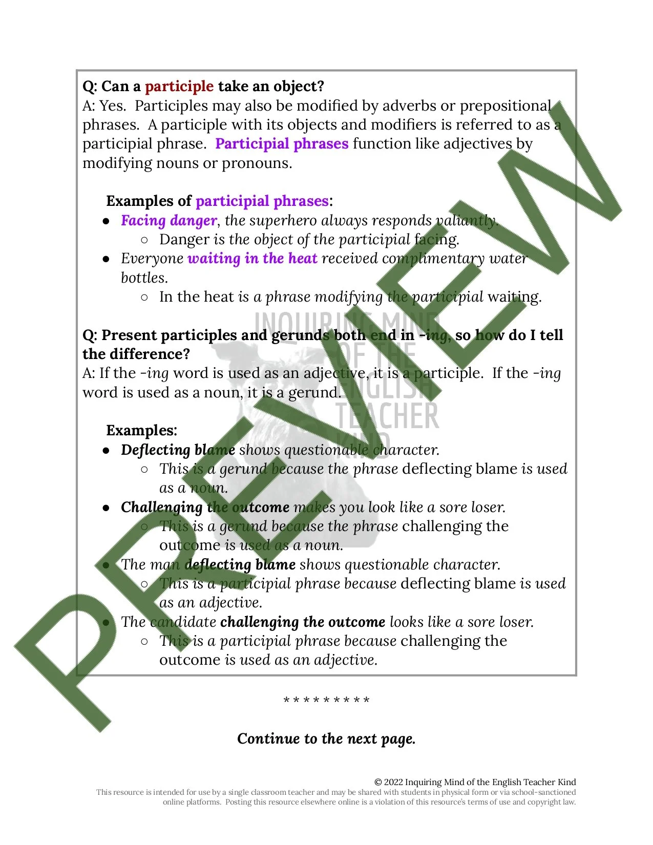 Grammar Practice Worksheet on Gerunds, Participles, and Infinitives for ...