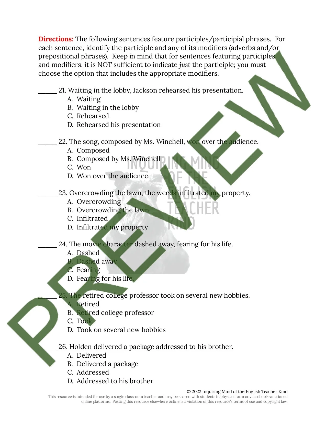 Grammar Practice Worksheet on Gerunds, Participles, and Infinitives for ...
